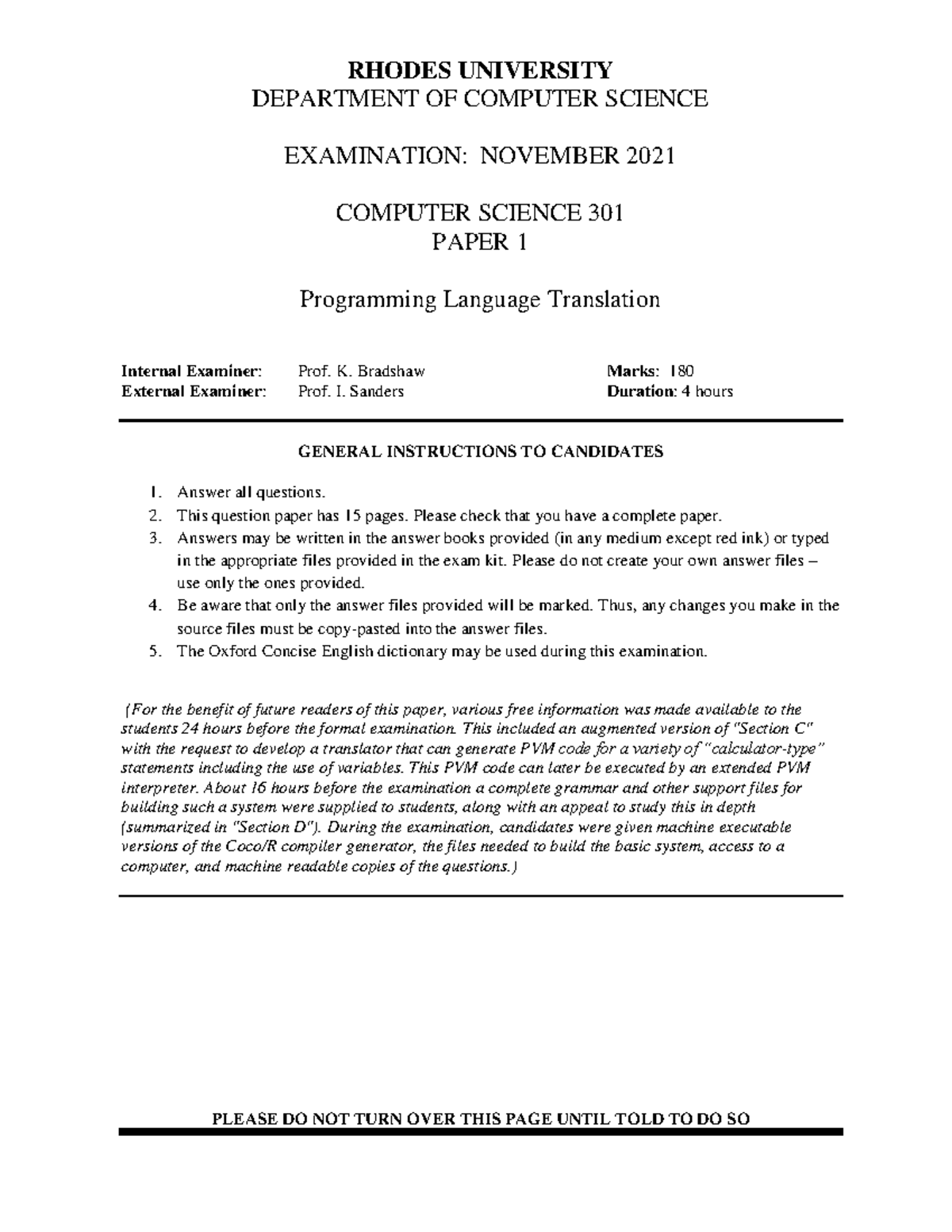 202111 Cs301 P1 Programming Language Translation Nov 2021 Please Do Not Turn Over This Page