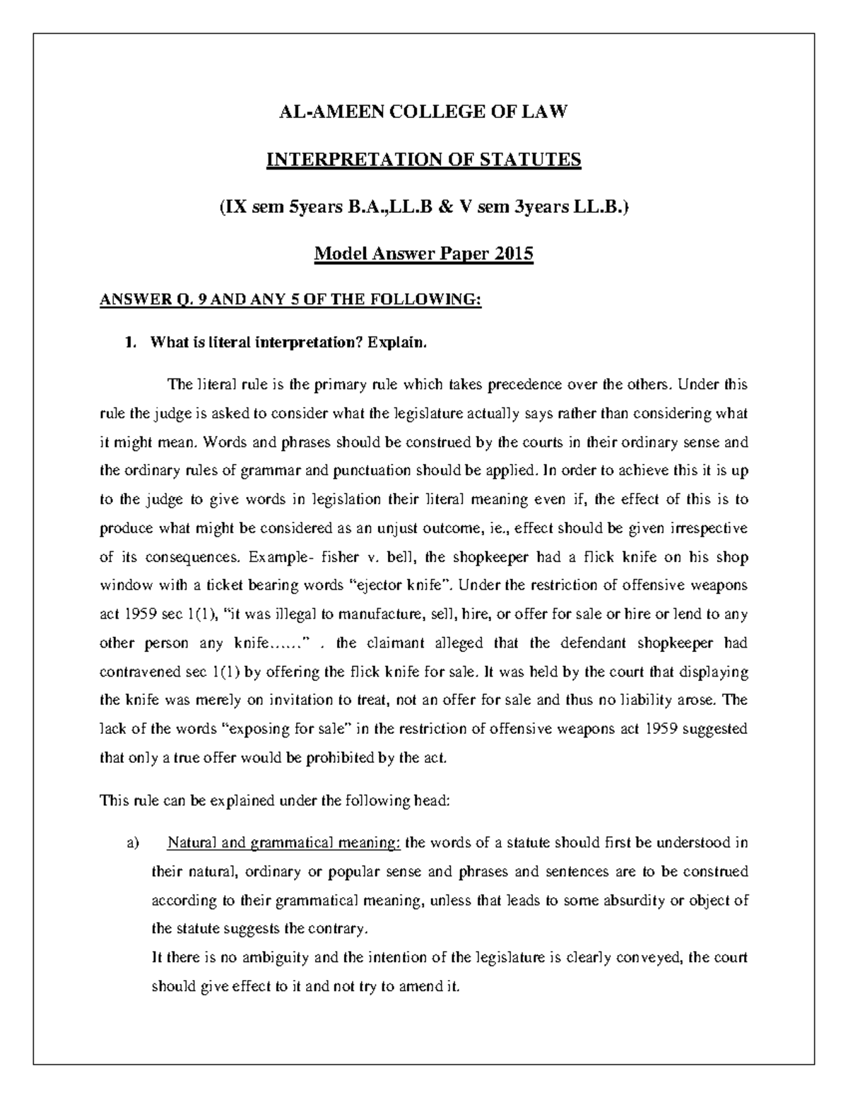 Ios Model Answer Paper - AL-AMEEN COLLEGE OF LAW INTERPRETATION OF ...