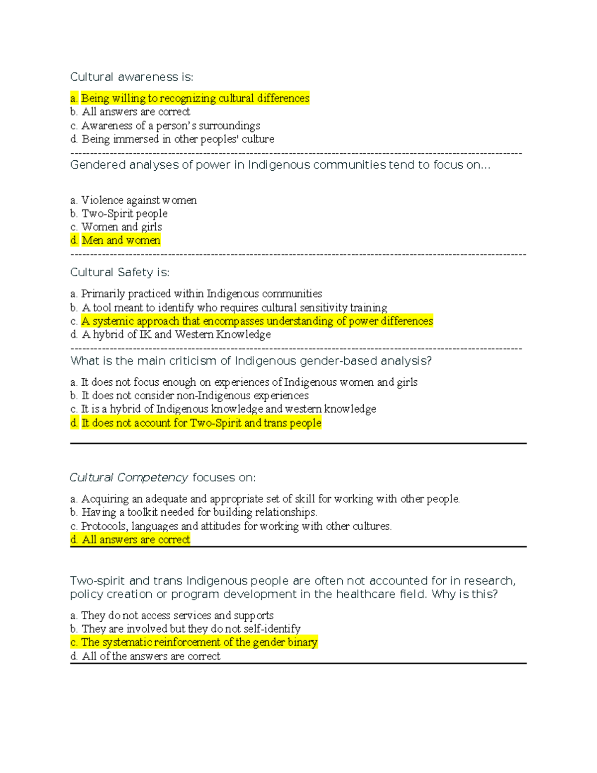 Practice Test - Prac - Cultural awareness is: a. Being willing to ...