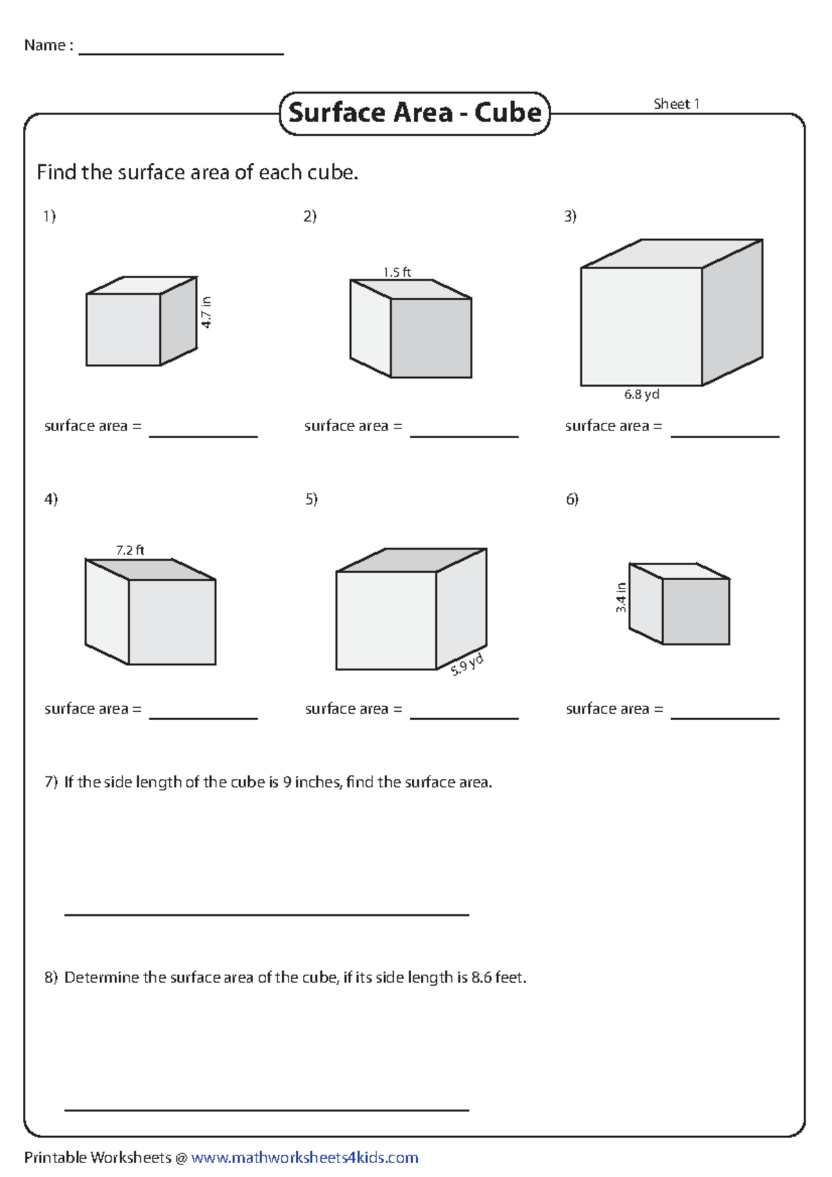 Decimal side lengths 1 - Nope - Find the surface area of each cube ...