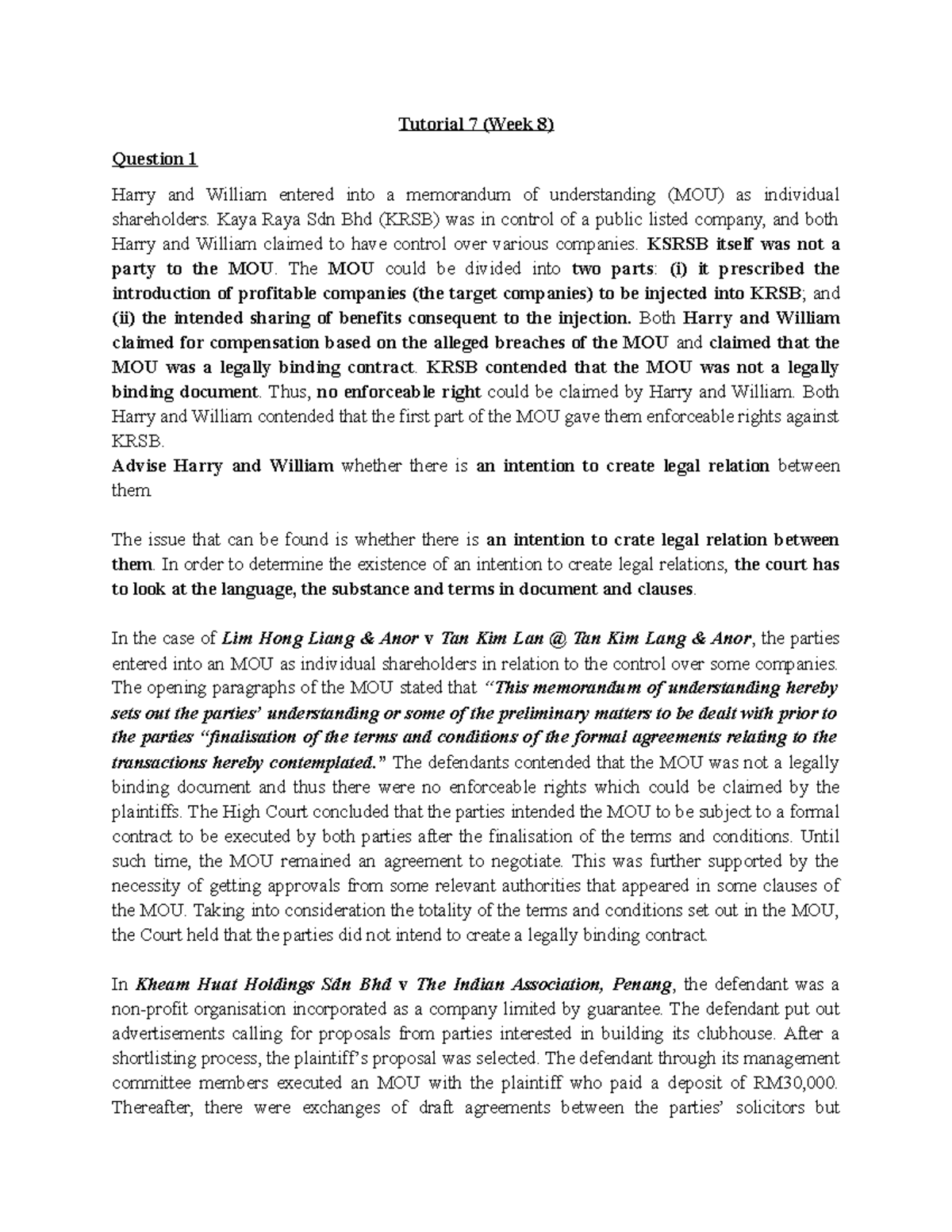 386103 Tutorial 7 (Week 8) - Contract Law I - MMU - Studocu