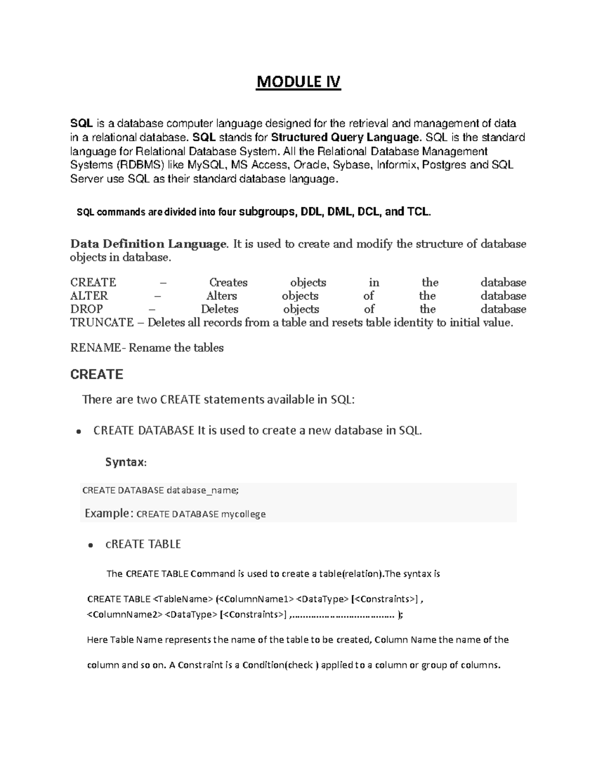 Dbms 4 module - its short note - MODULE IV SQL is a database computer language designed for the ...