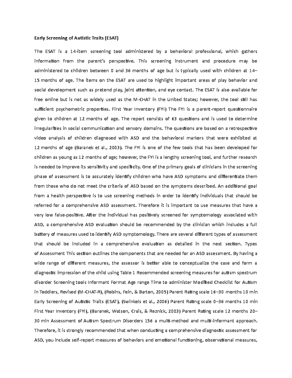 Early Screening of Autistic Traits (ESAT) - This screening instrument ...