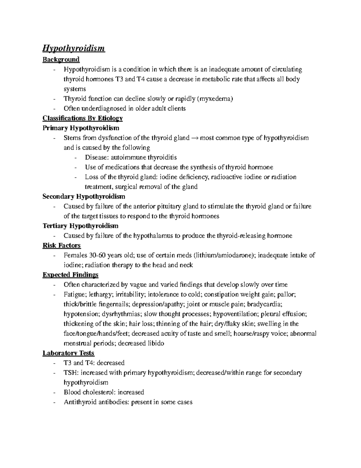 Hypothyroidism Notes Med Surg - Hypothyroidism Background ...