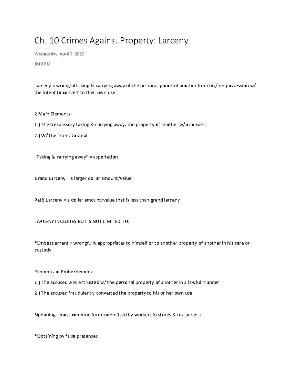 Criminal Law - Ch 10 - Tophat textbook notes - Ch. 10 Crimes Against ...