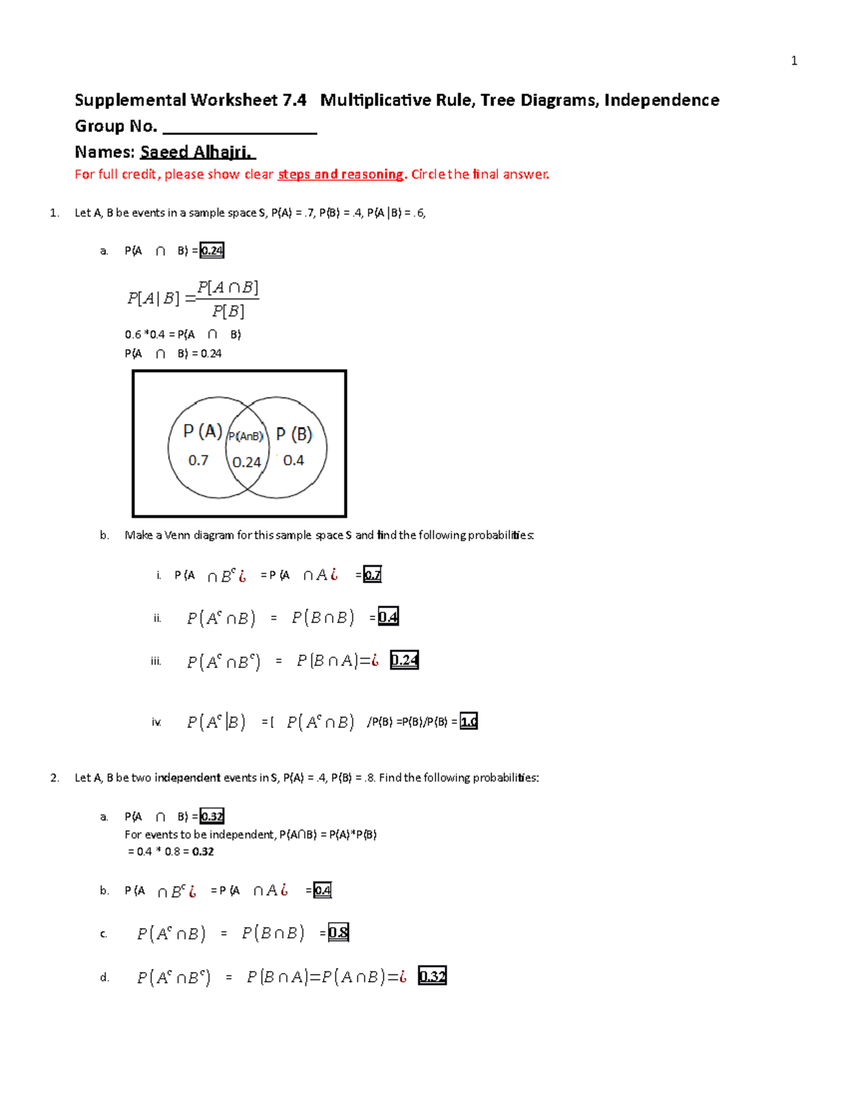 In Class 7.4 Multiplicative Rule, Tree Diagrams, Independence ...