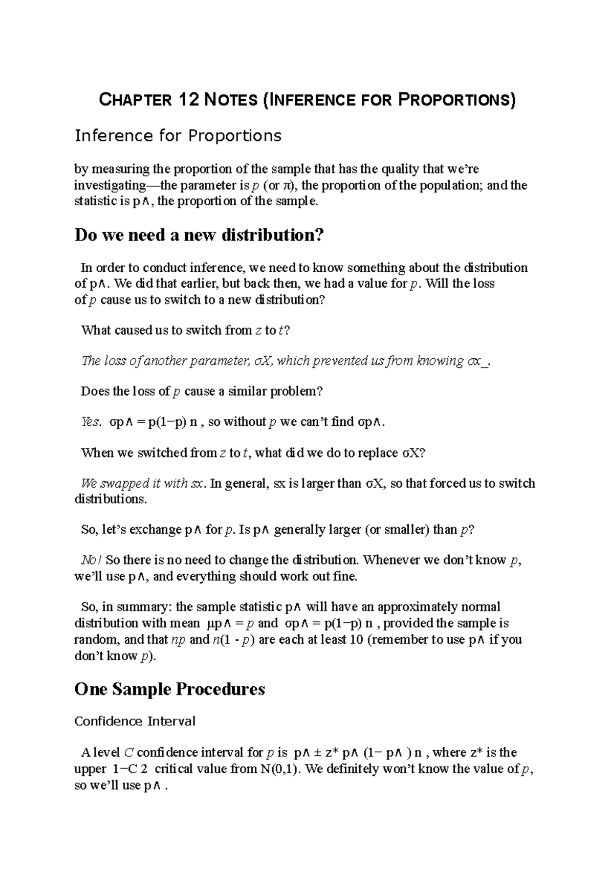 Stat Chapter 12 to 14 summaries - CHAPTER 12 NOTES (INFERENCE FOR ...