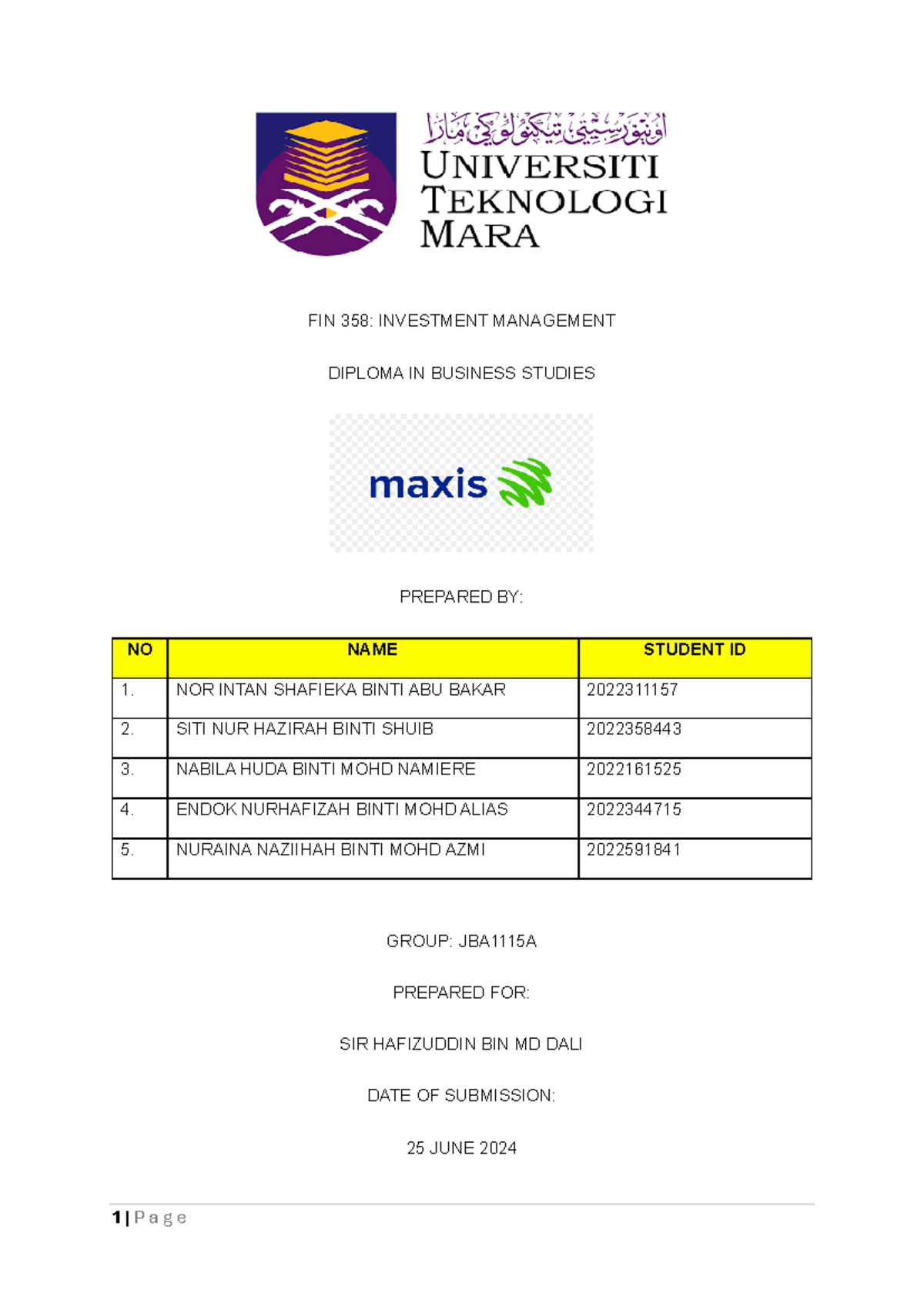 GROUP ASSIGNMENT REPORT FIN358_BA111_ - FIN 358: INVESTMENT MANAGEMENT ...