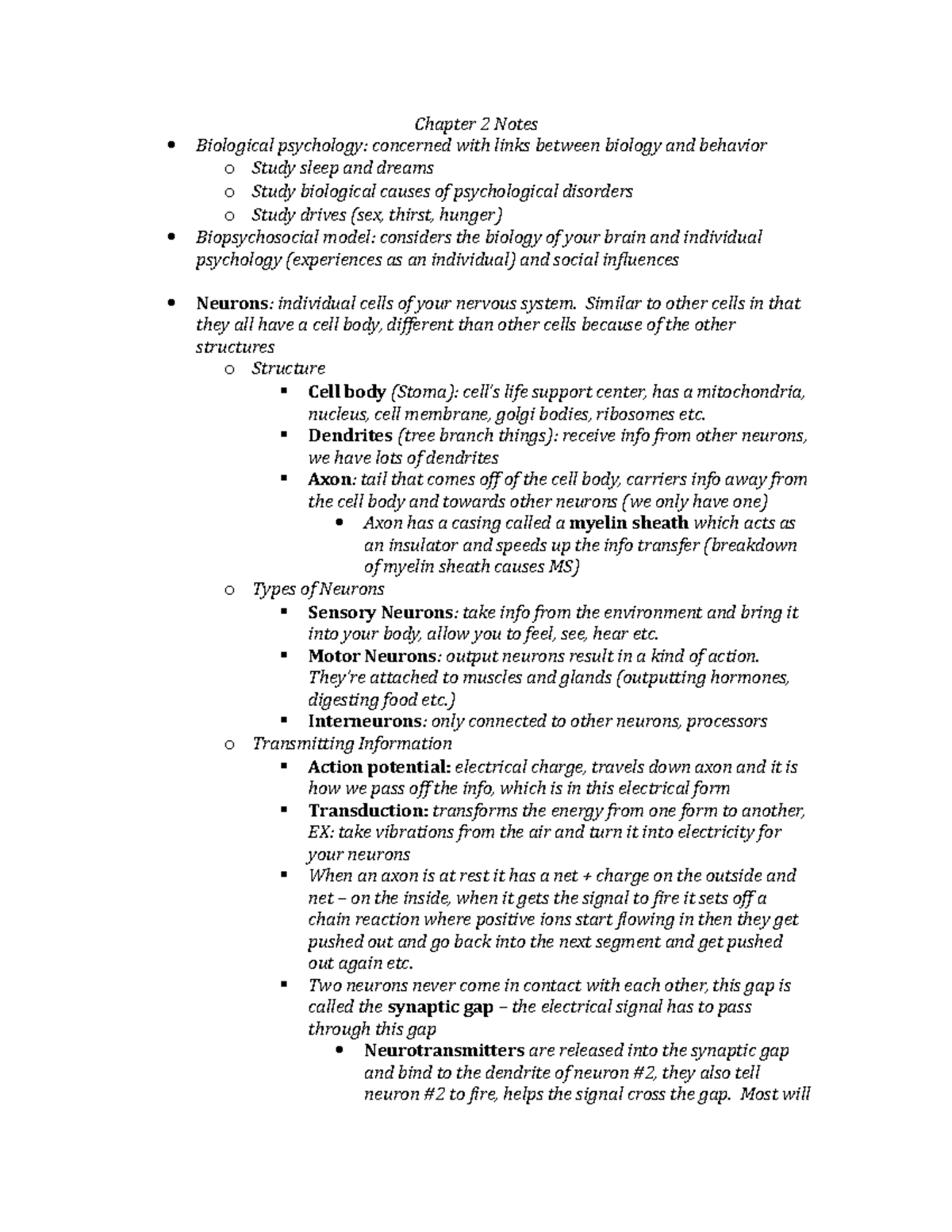 Chapter 2 Notes - Chapter 2 Notes Biological psychology: concerned with ...