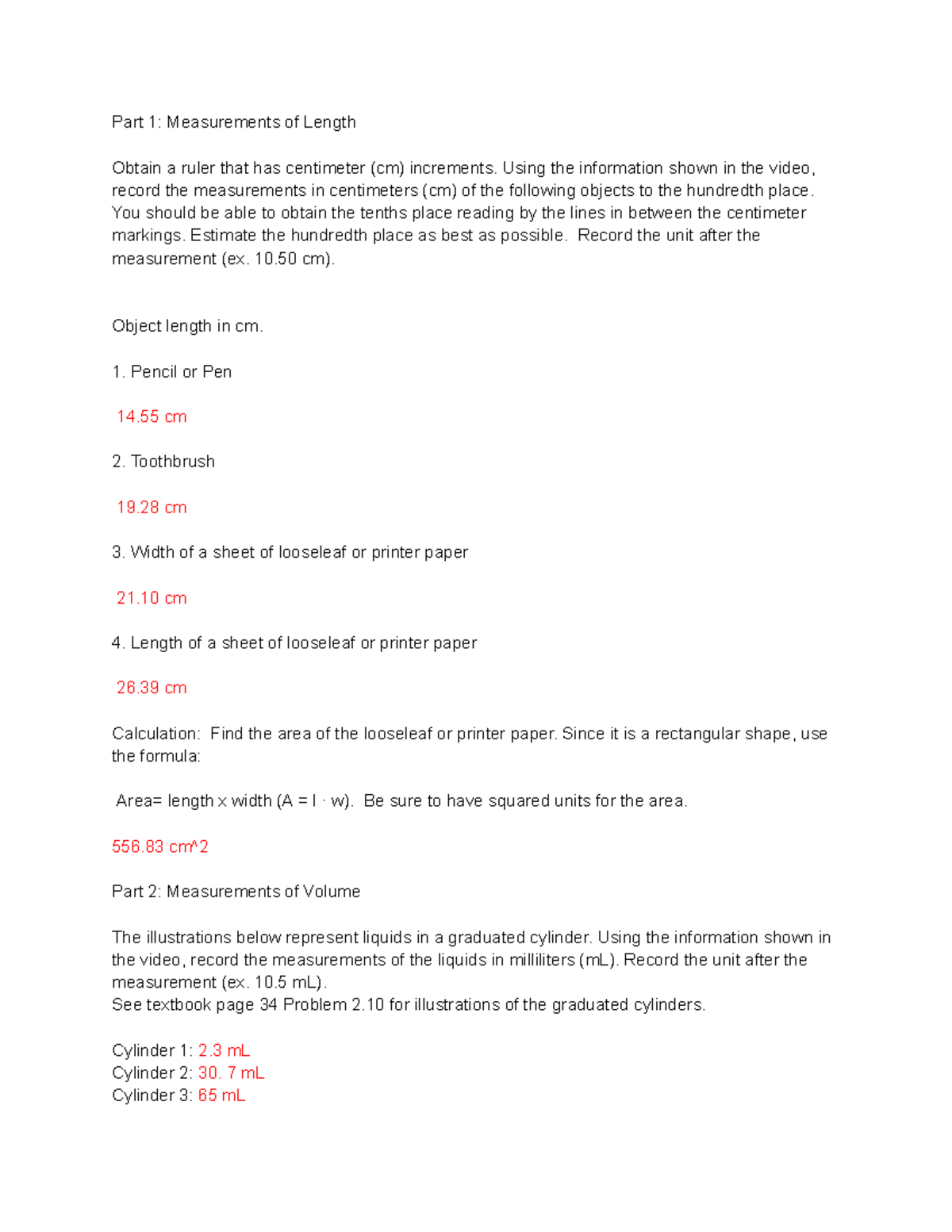 Experiment 1 Measurements and Introduction to the Chem Laboratory ...