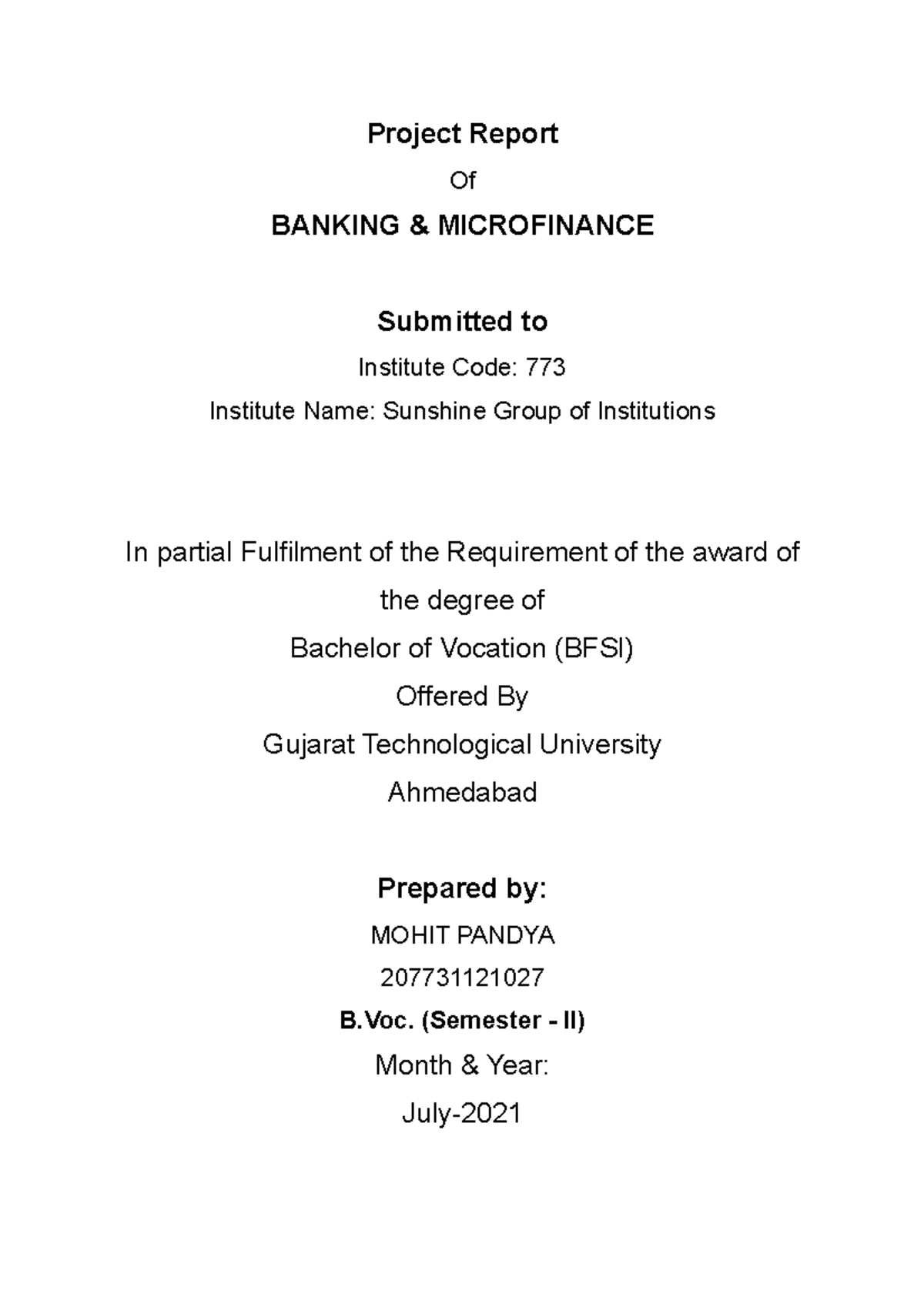 Mohit pandya 207731121027 - Project Report Of BANKING & MICROFINANCE ...