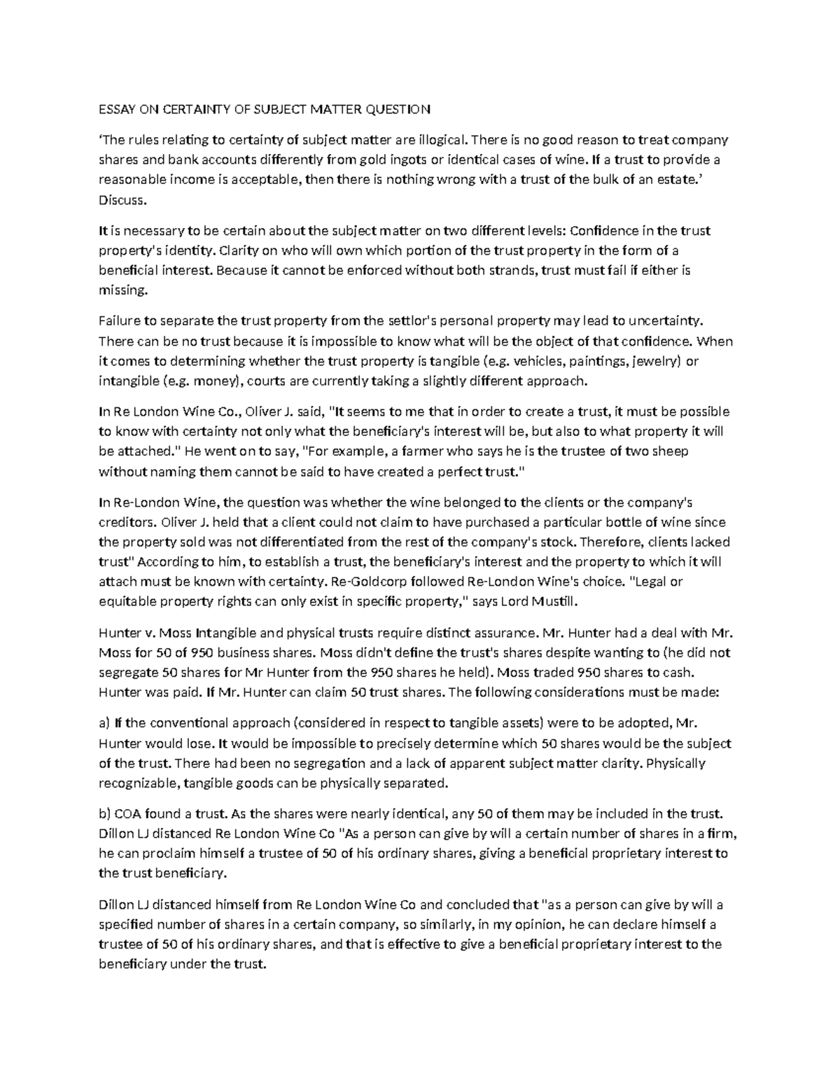 Essay ON Certainty OF Subject Matter Question - ESSAY ON CERTAINTY OF ...