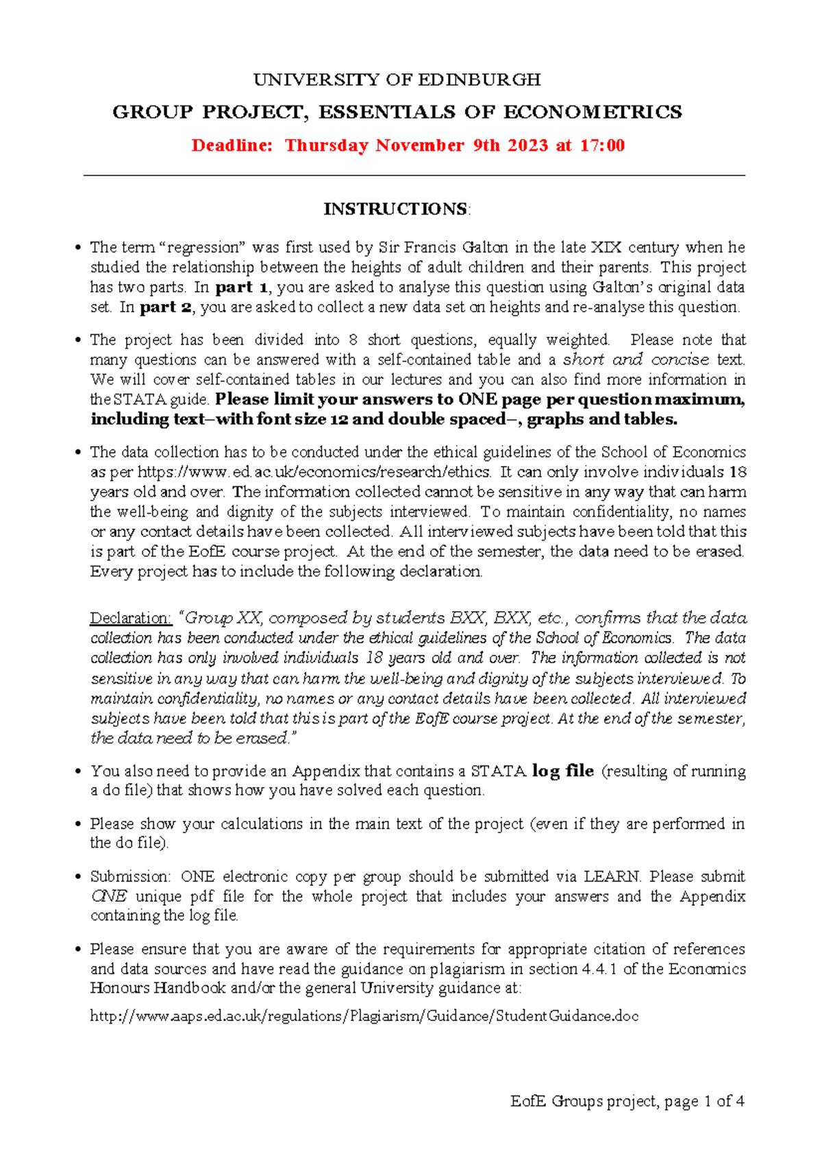 Eof Eproject 2023 - UNIVERSITY OF EDINBURGH GROUP PROJECT, ESSENTIALS OF ECONOMETRICS Deadline ...