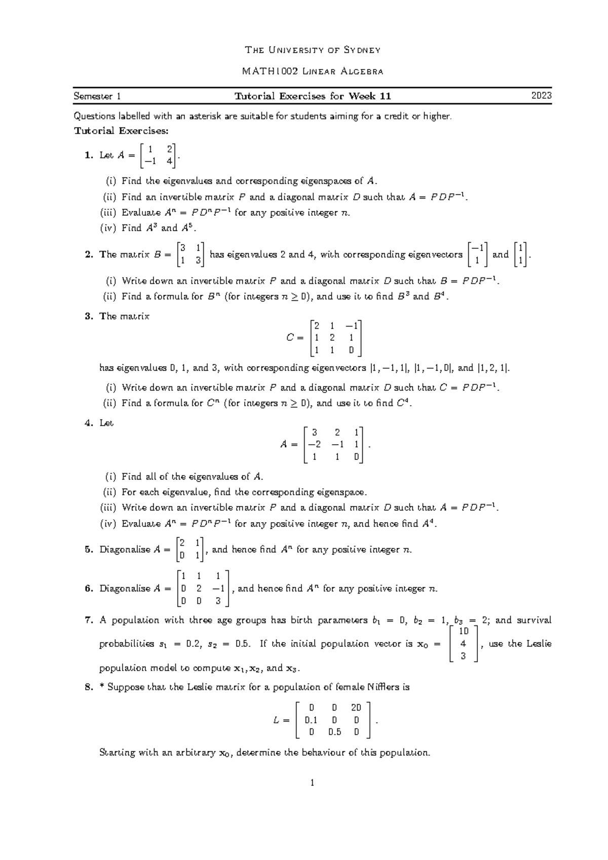 2023week11-tut - 2023week11-tut - The University of Sydney MATH1002 Linear Algebra Semester 1 ...