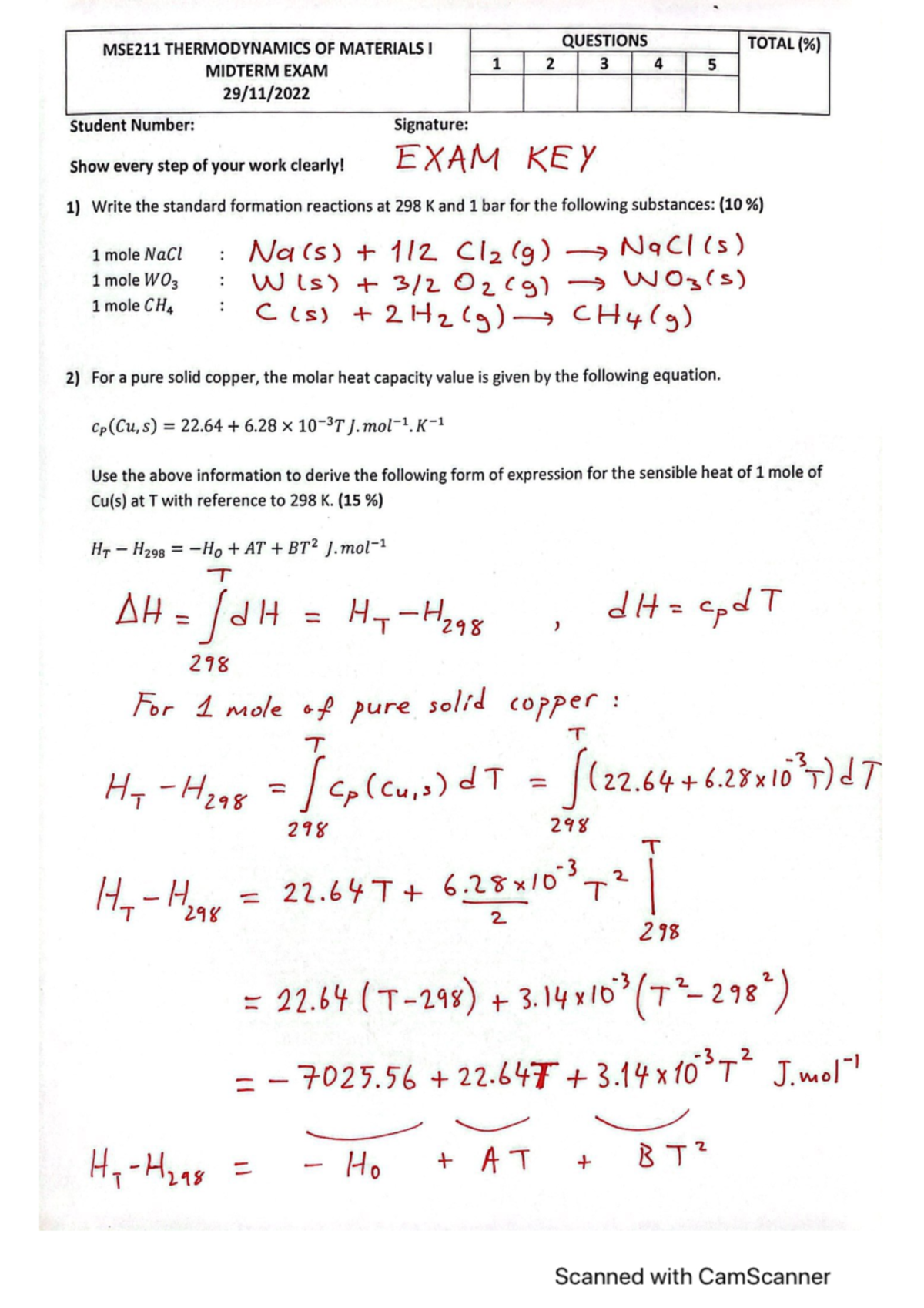 MSE211 Midterm EXAM KEY-1 - MSE211 THERMODYNAMICS OF MATERIALS I QUESTIONS TOTAL MIDTERM EXAM ...