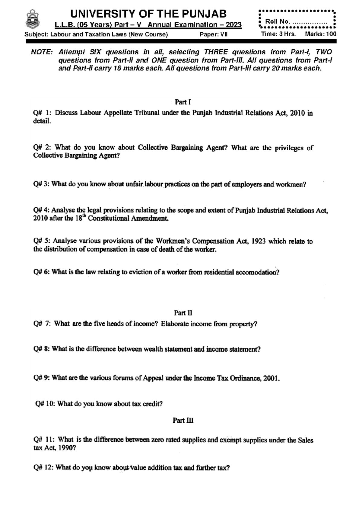 LLB PV 5Year Paper 7 - NOTE: Attempt SIX questions in all, selecting THREE questions from Part-I ...
