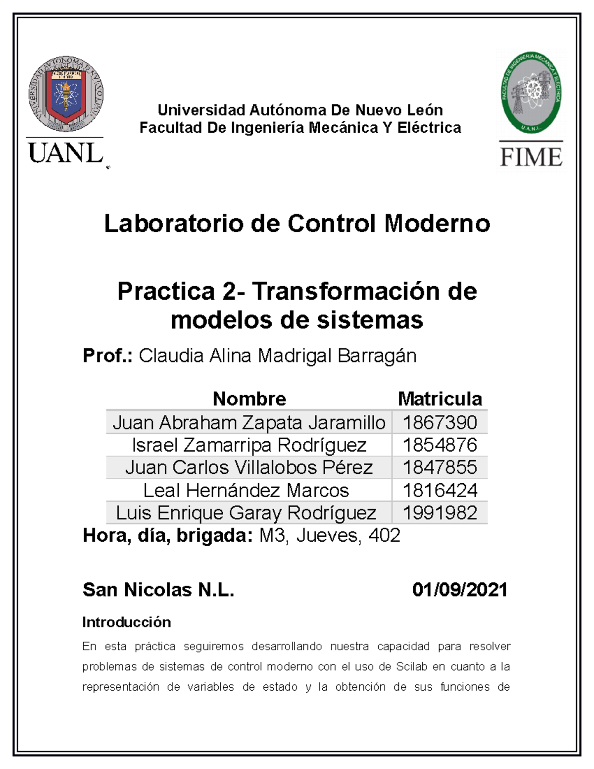Practica 2 CM - Laboratorio de Control Moderno Practica 2 ...