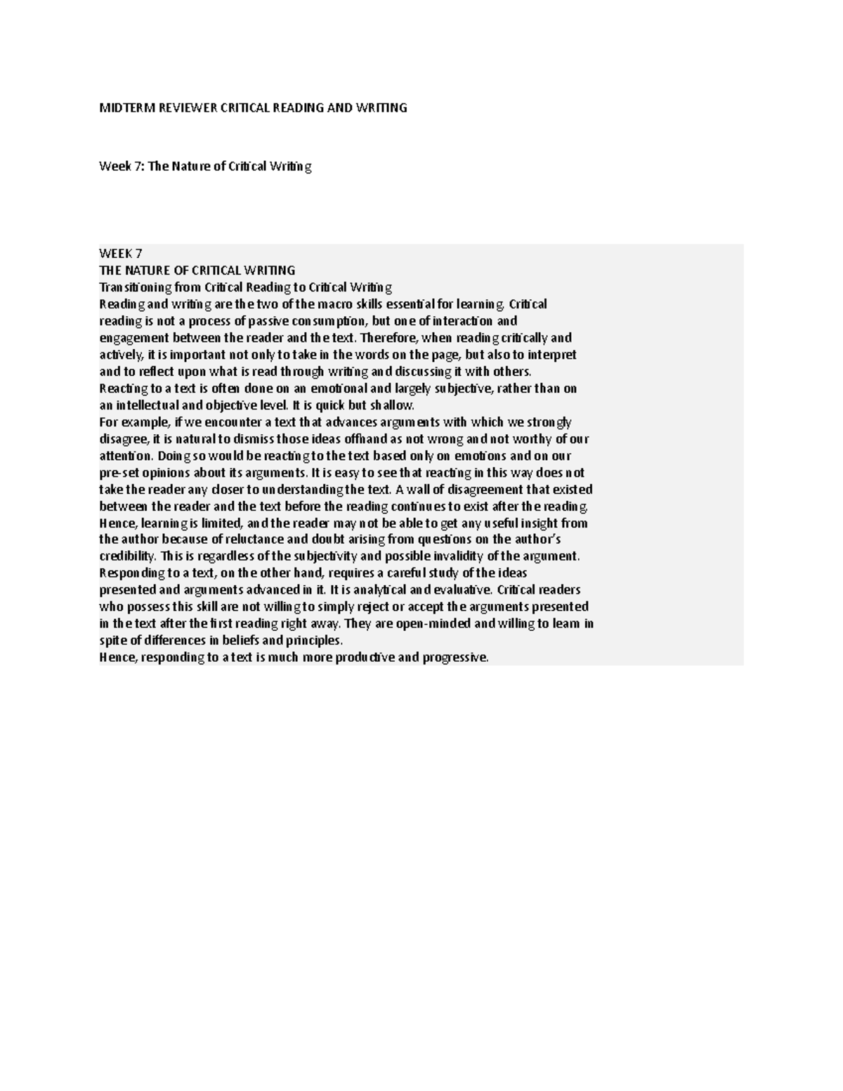 Midterm Reviewer CRWT - MIDTERM REVIEWER CRITICAL READING AND WRITING ...