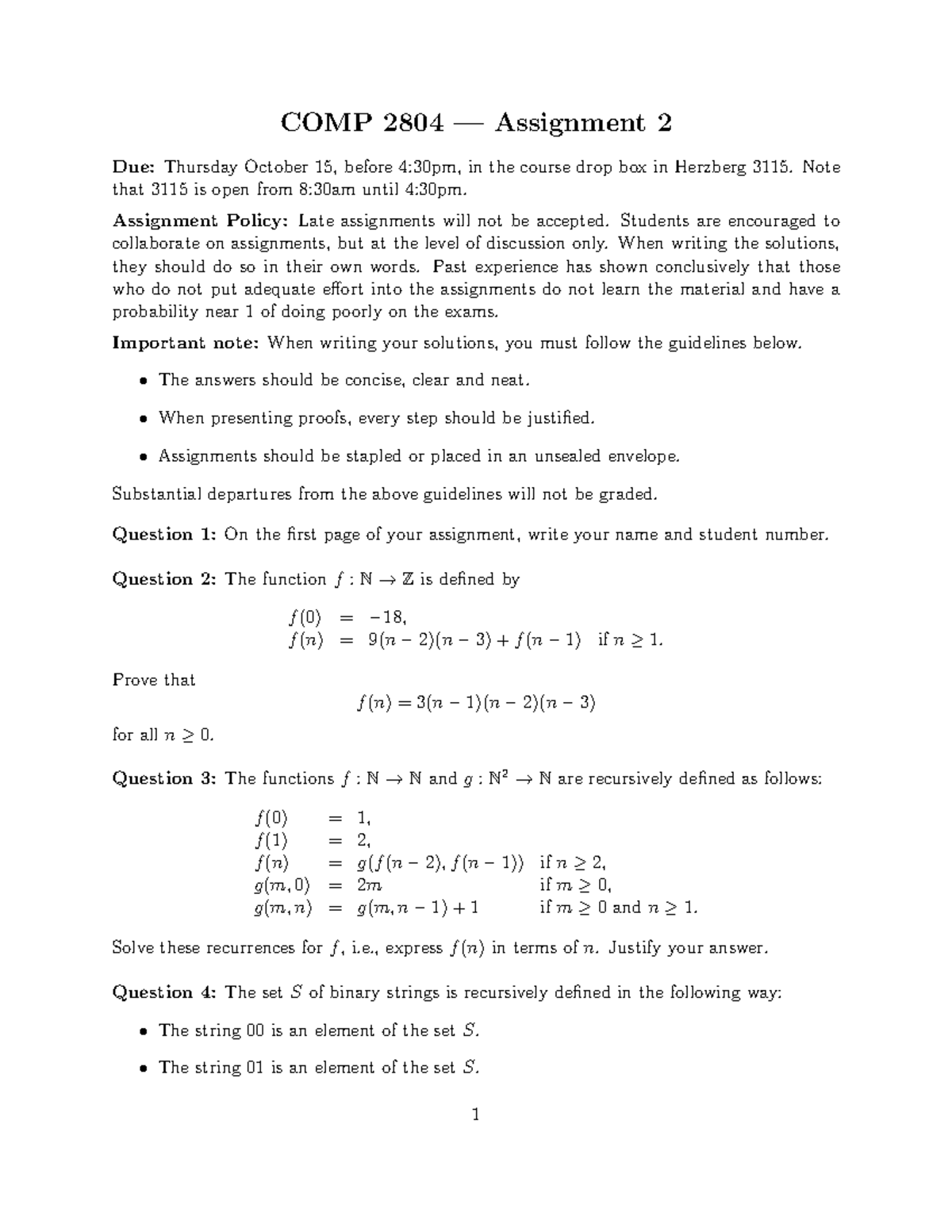 Assignment 02 - Questions - COMP 2804 — Assignment 2 Due: Thursday October 15, before 4:30pm, in ...