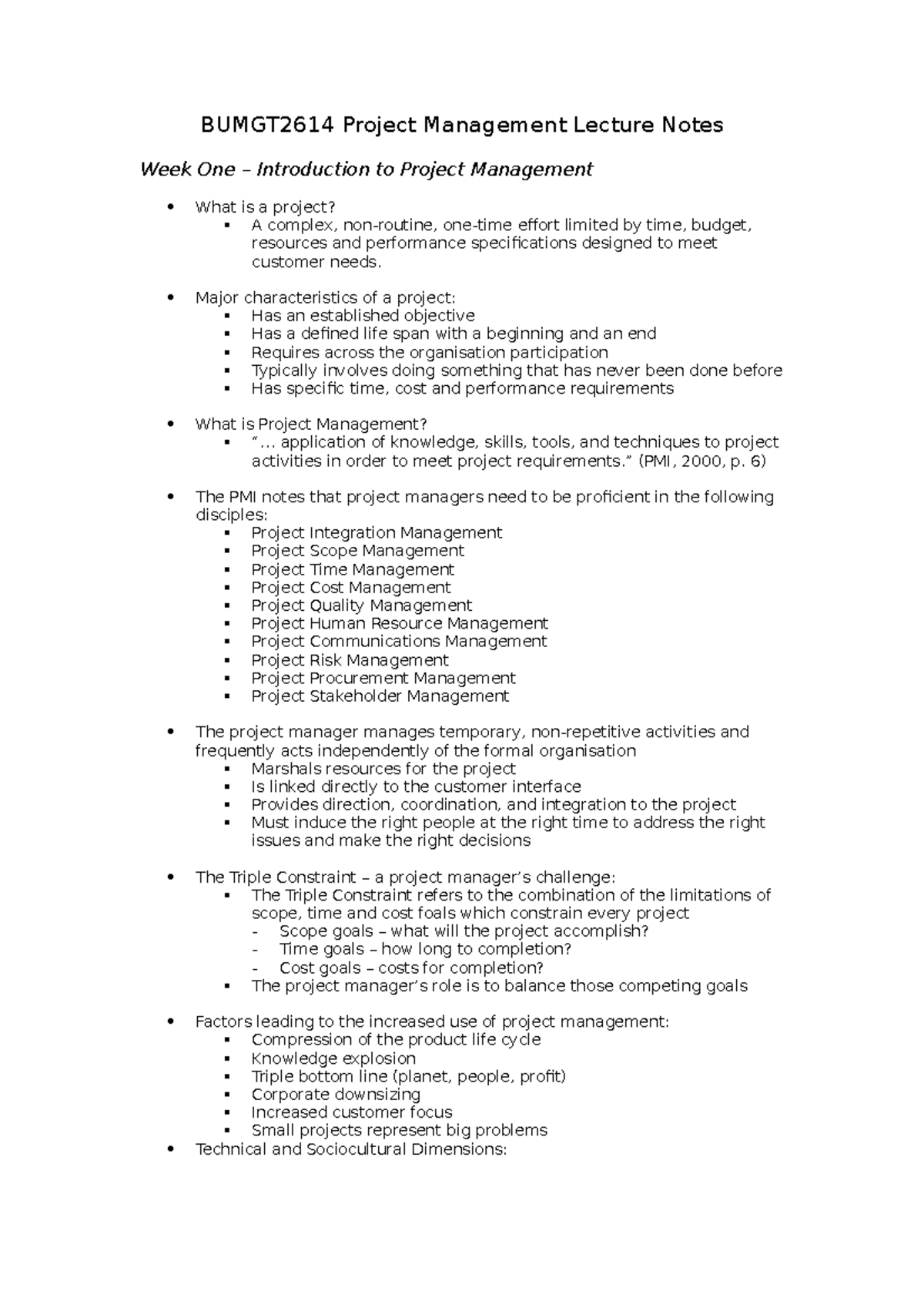 Lecture Notes Project Management - BUMGT2614 Project Management Lecture ...
