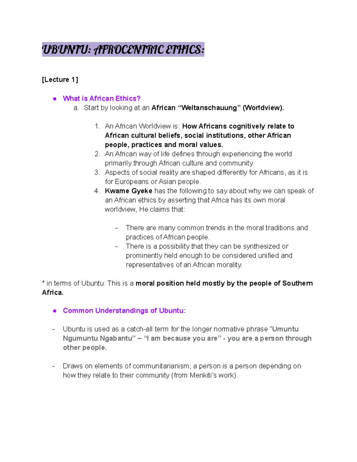 Ubuntu - Key claims and arguments - UBUNTU: AFROCENTRIC ETHICS: [Lecture 1] What is African ...