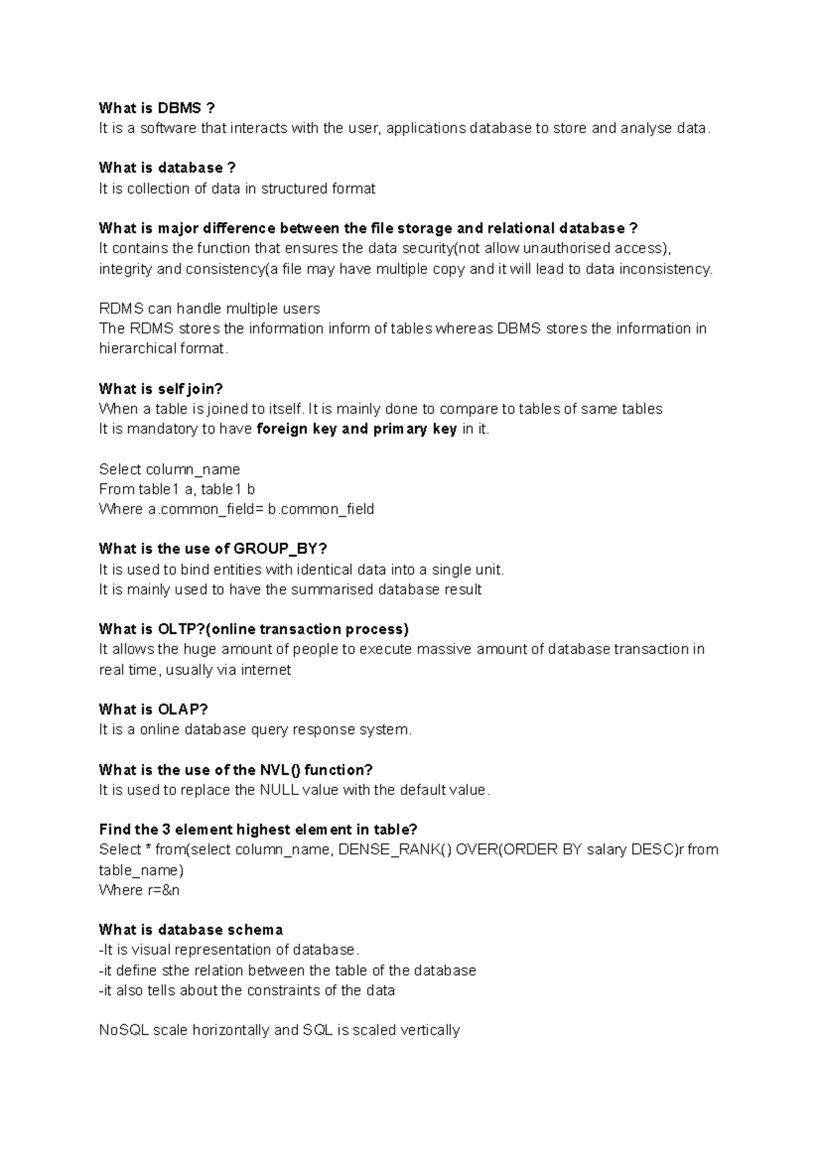 DBMS interview question - What is DBMS? It is a software that interacts ...