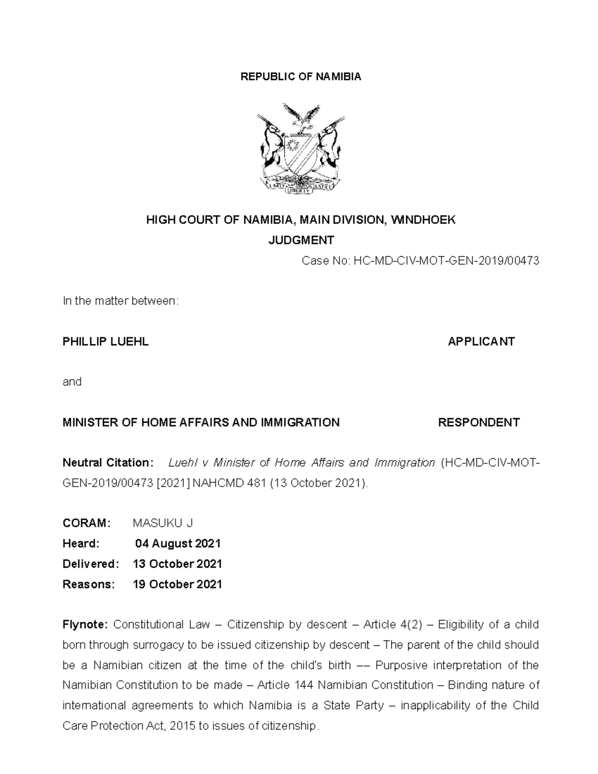 Luehl v Minister of Home Affairs and Immigration (HC-MD-CIV-MOT-GEN ...