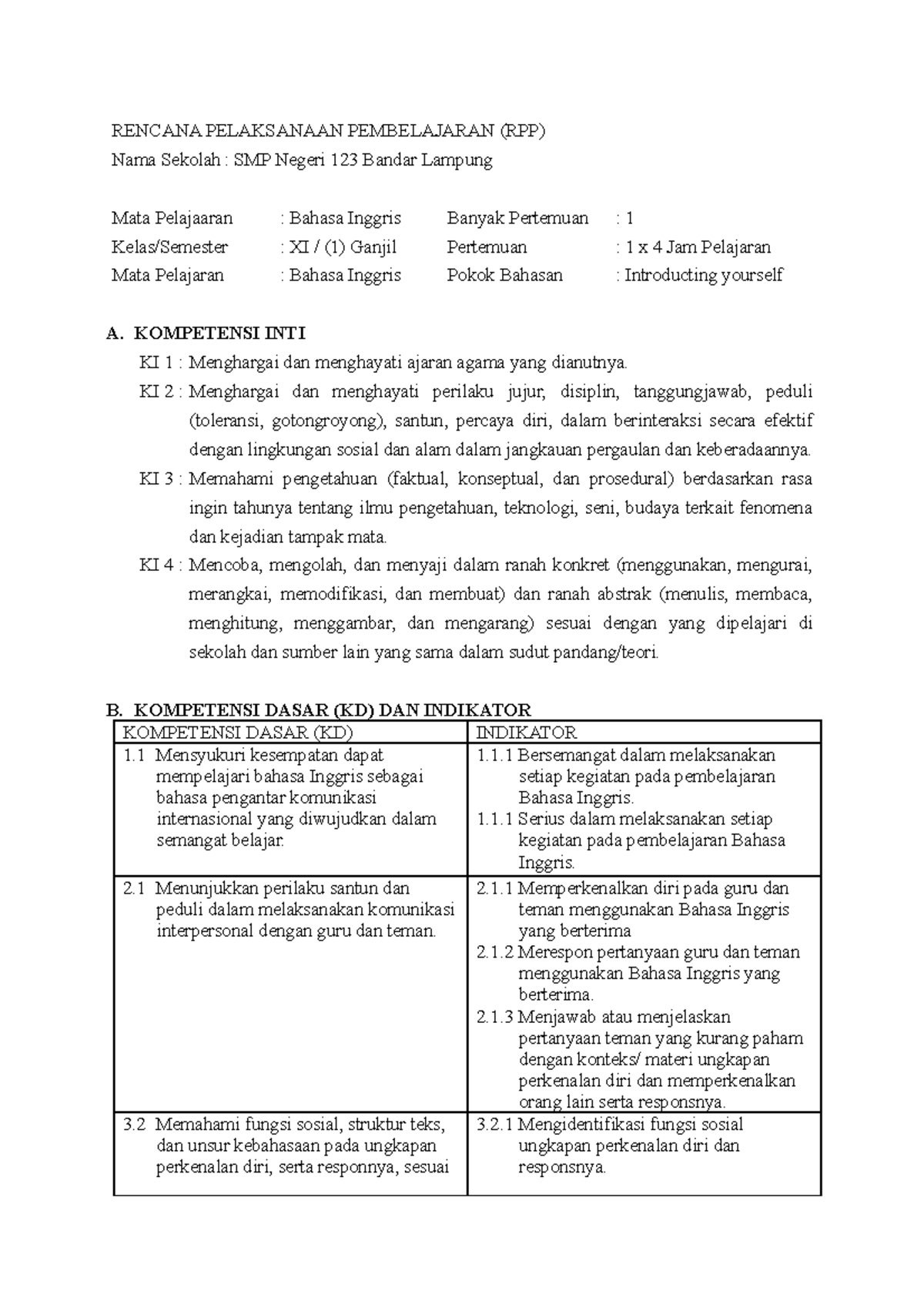 Rencana Ajar Materi Introducing Yourself - RENCANA PELAKSANAAN ...