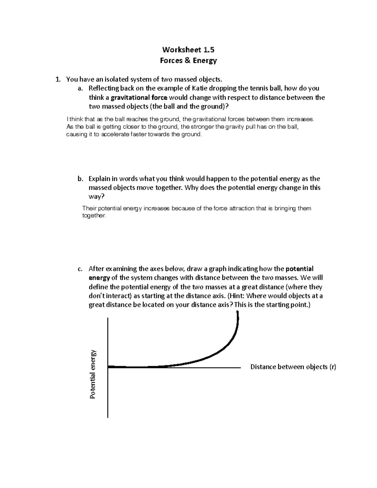 Chem 1061 1.5 worksheet- Worksheet 1. Forces & Energy You have an ...
