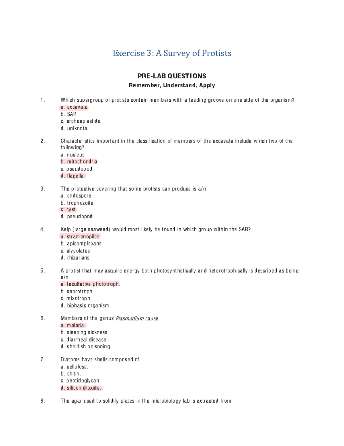 Exercise 3 protists - eas - Exercise 3: A Survey of Protists PRE-LAB QUESTIONS Remember ...
