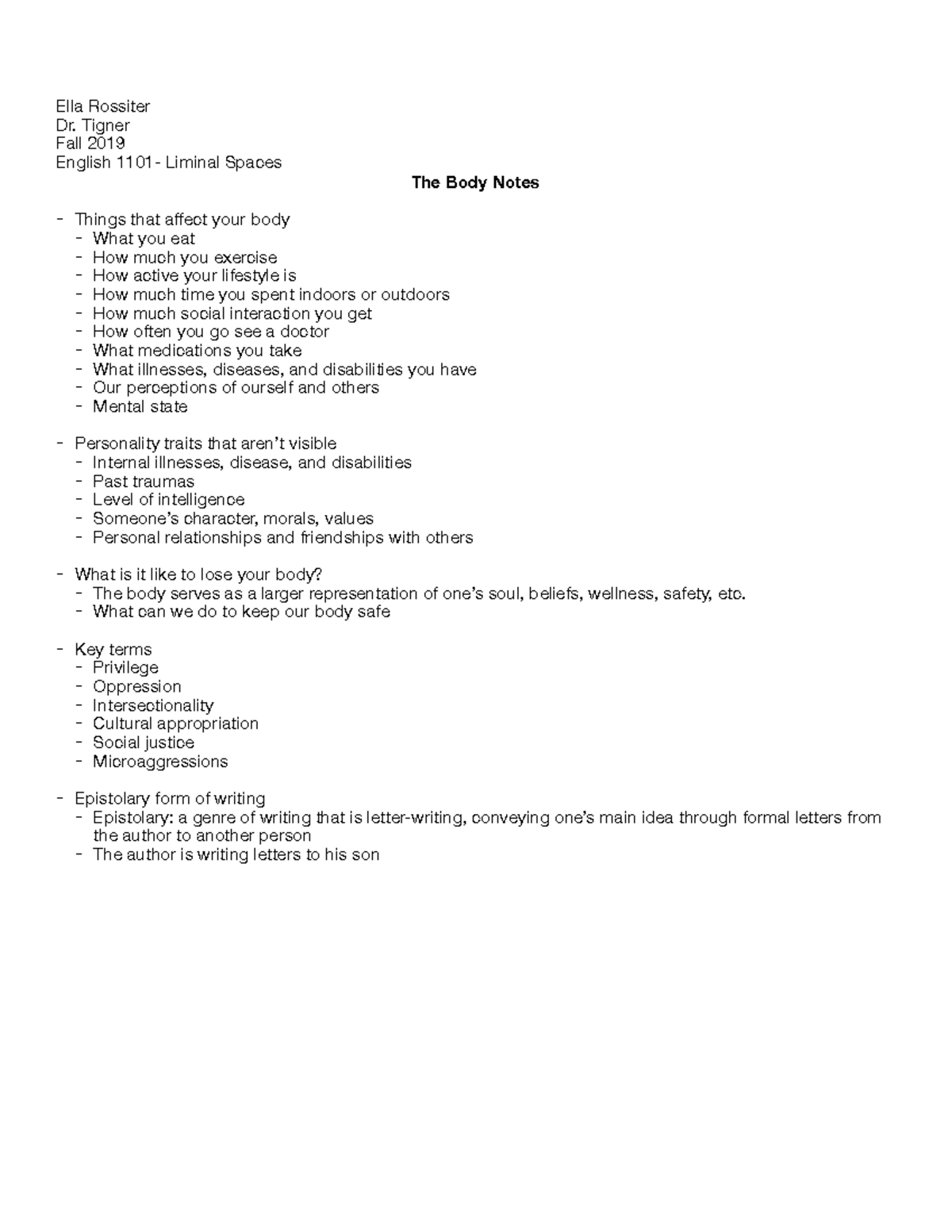 Body Notes - Body Hours - Ella Rossiter Dr. Tigner Fall 2019 English ...