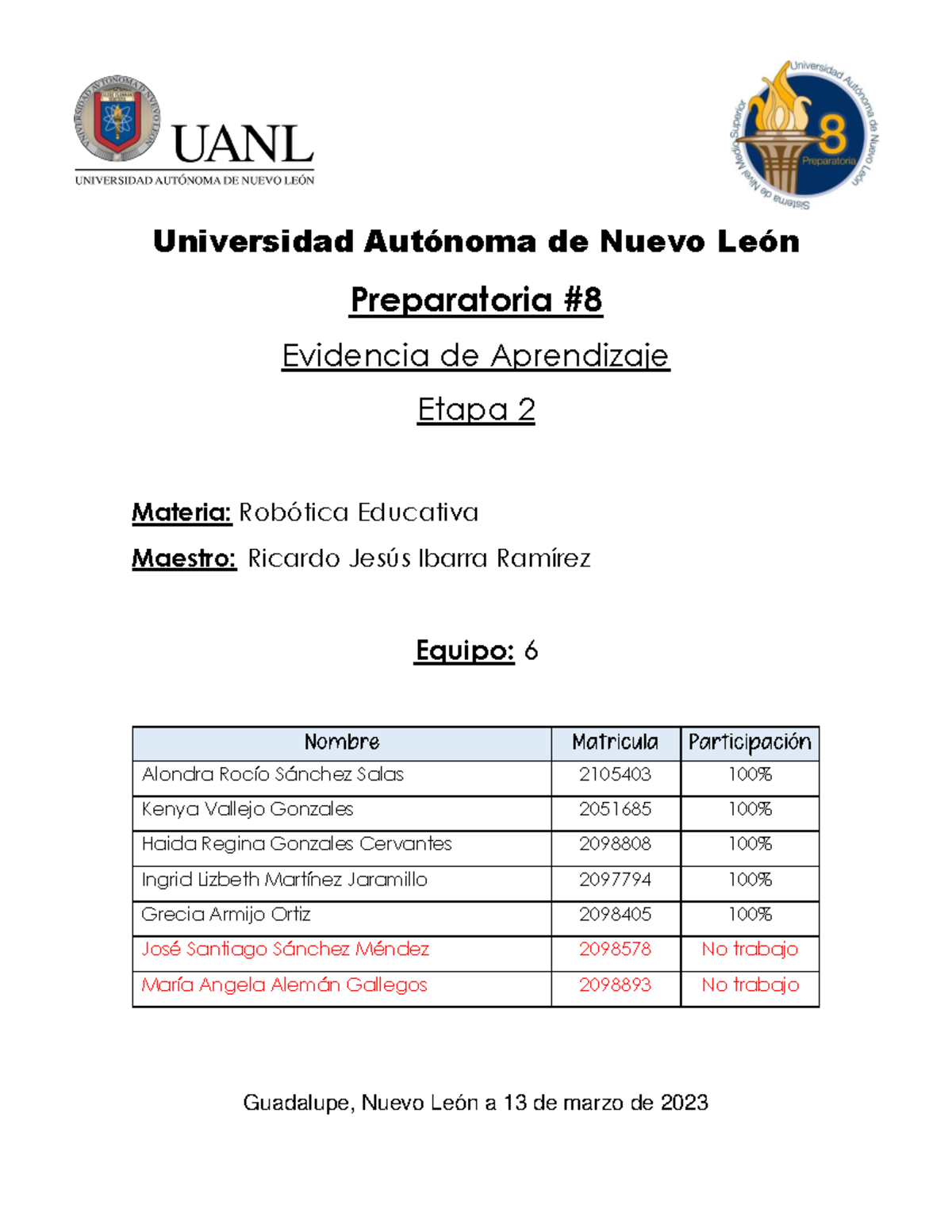 Equipo 6 EV2 Rob Edu - nada - Universidad AutÛnoma de Nuevo LeÛn Preparatoria Evidencia de - Studocu