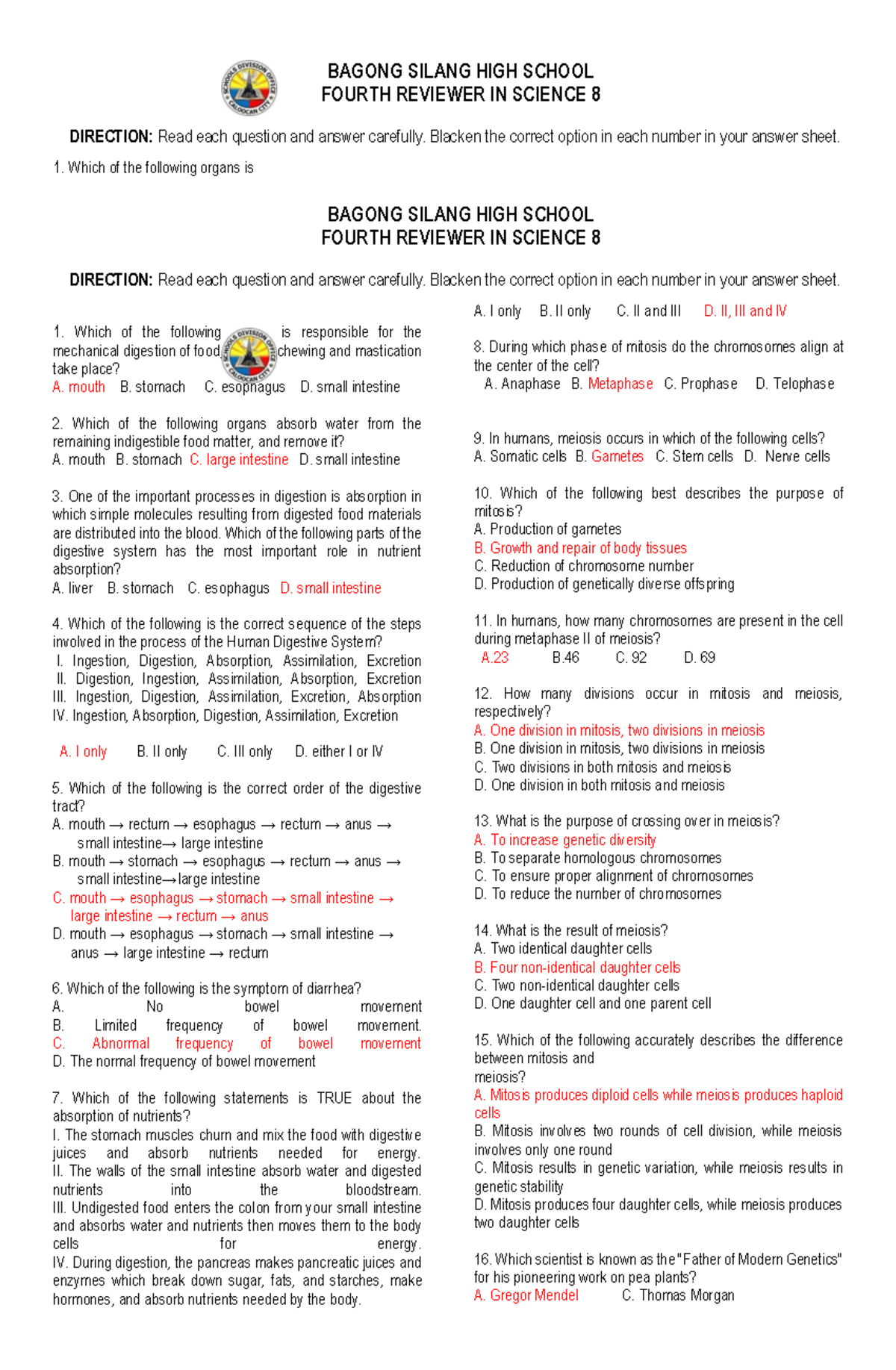 Science 8- Reviewer-1 - 1. Which of the following organs is 1. Which of ...