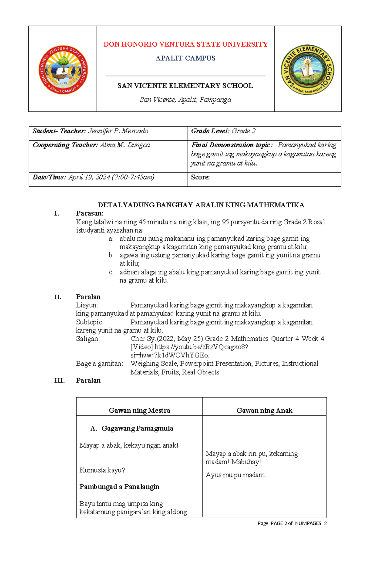 Final Demo MATH - Student- Teacher: Jennifer P. Mercado Grade Level ...