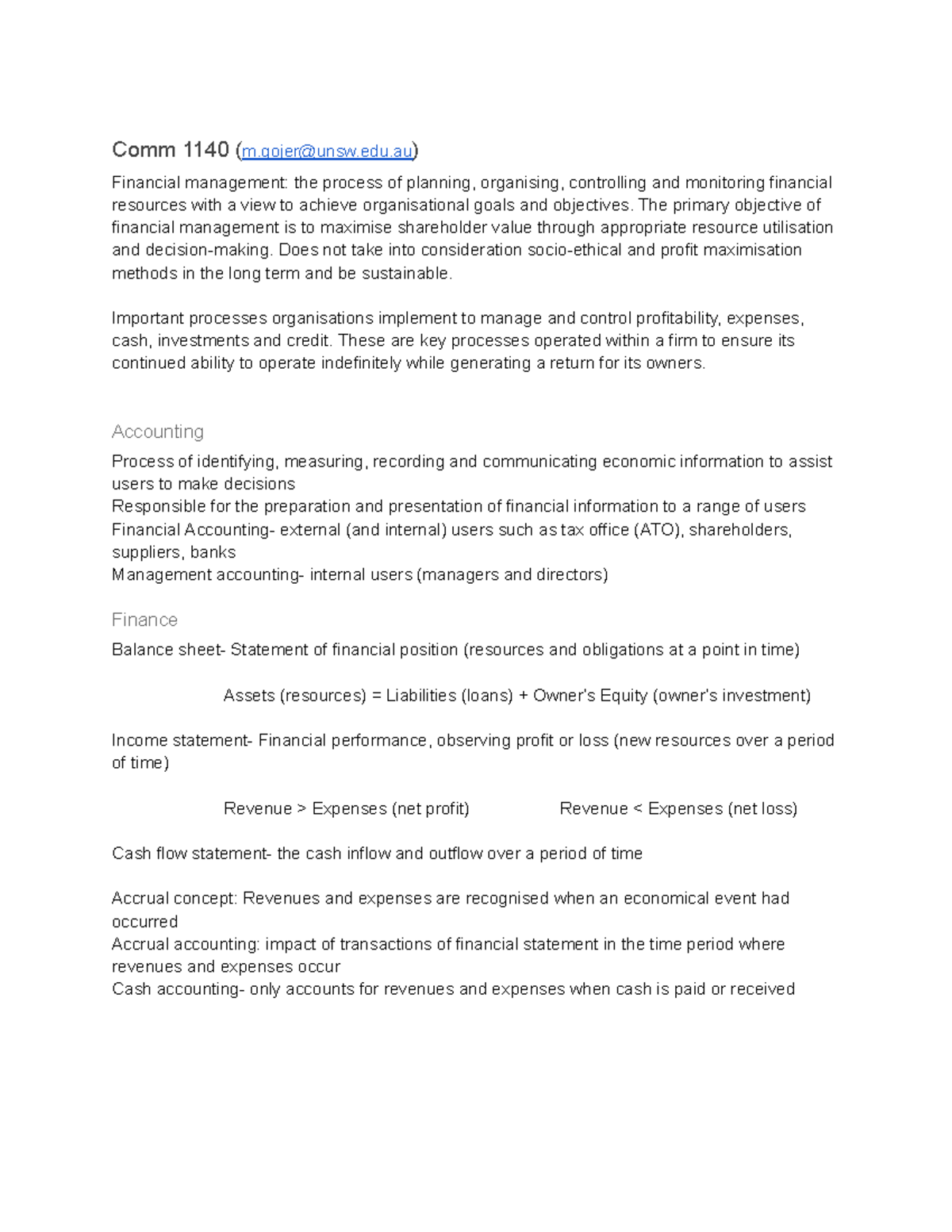 Commerce Notes - Comm 1140 (m@unsw.edu) Financial management: the ...