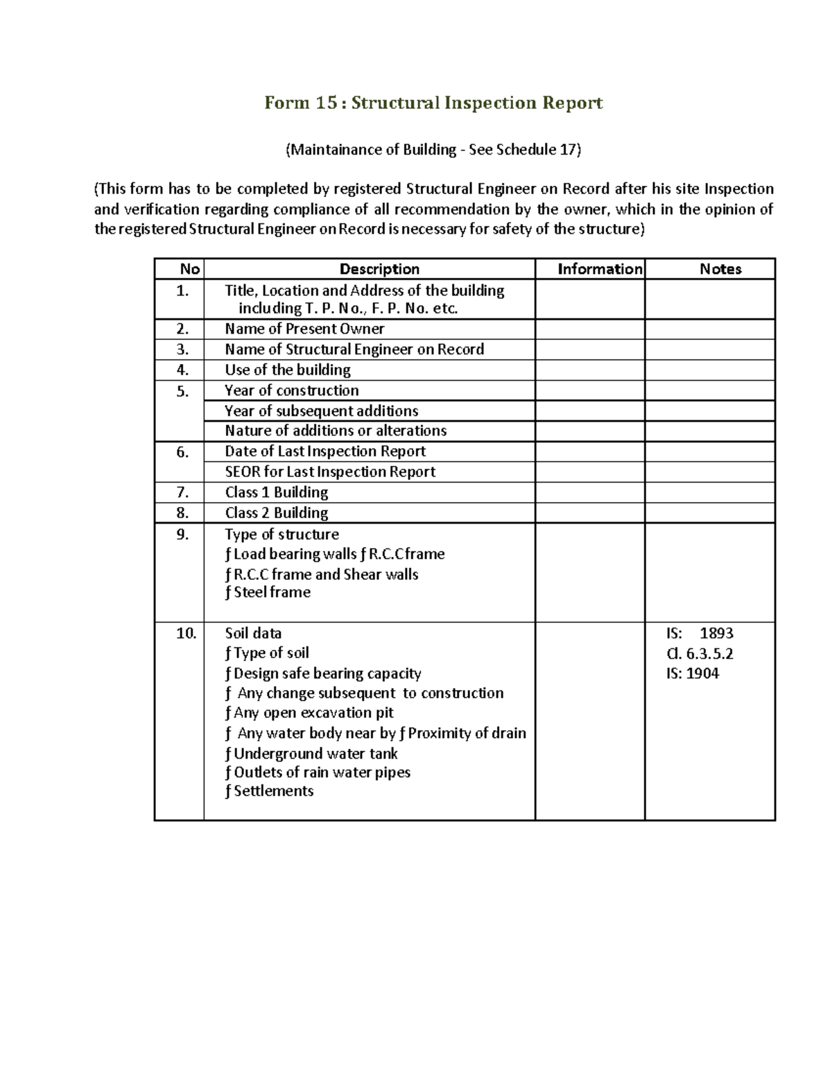 Building Structure Inspection Form - Form 15 : Structural Inspection ...
