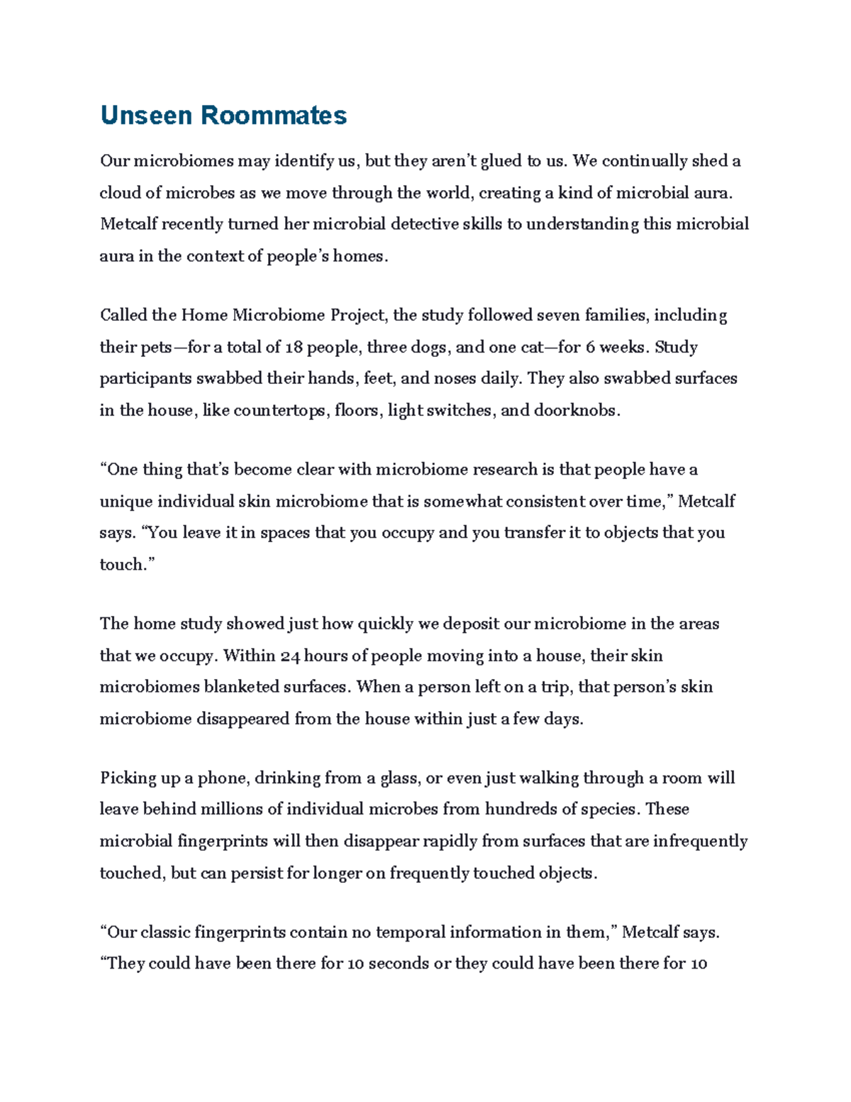 Bio ch. 17.3- Unseen Roommates - Unseen Roommates Our microbiomes may ...