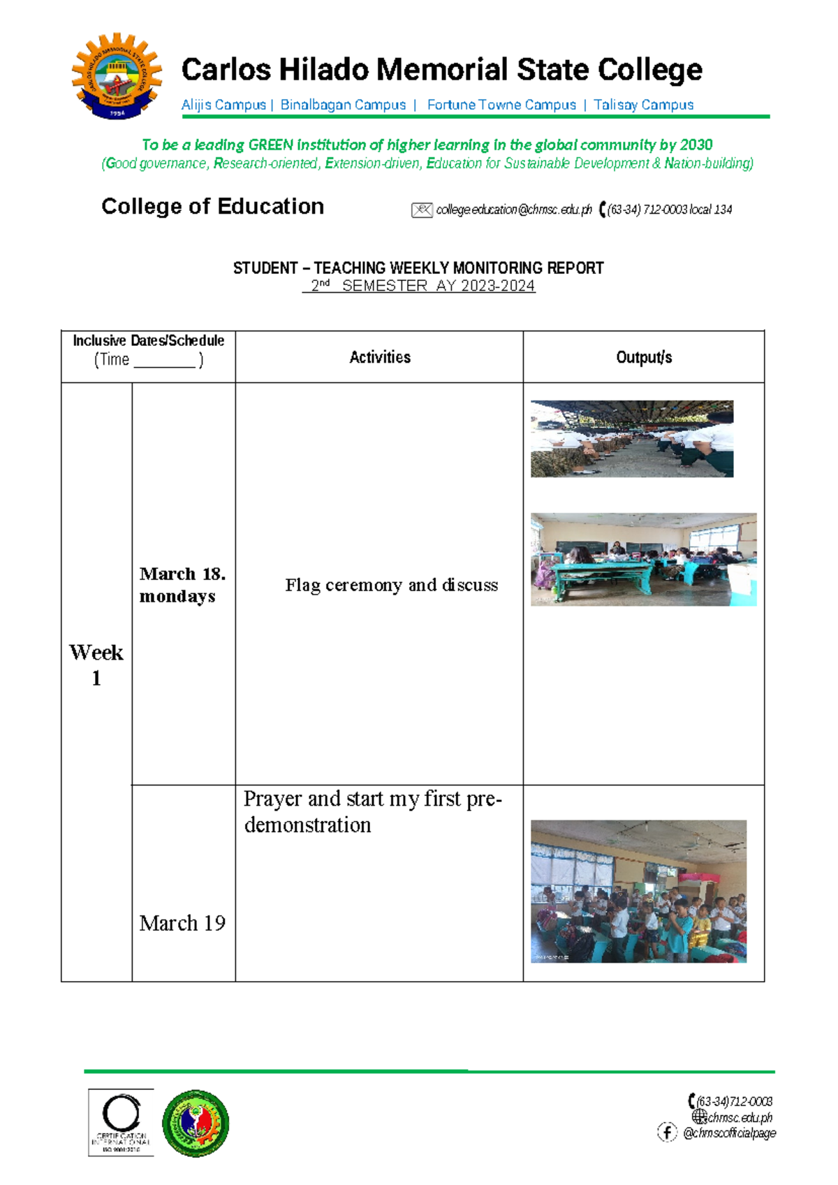 Surname Weekly Monitoring Report for FS and Internship - Carlos Hilado ...