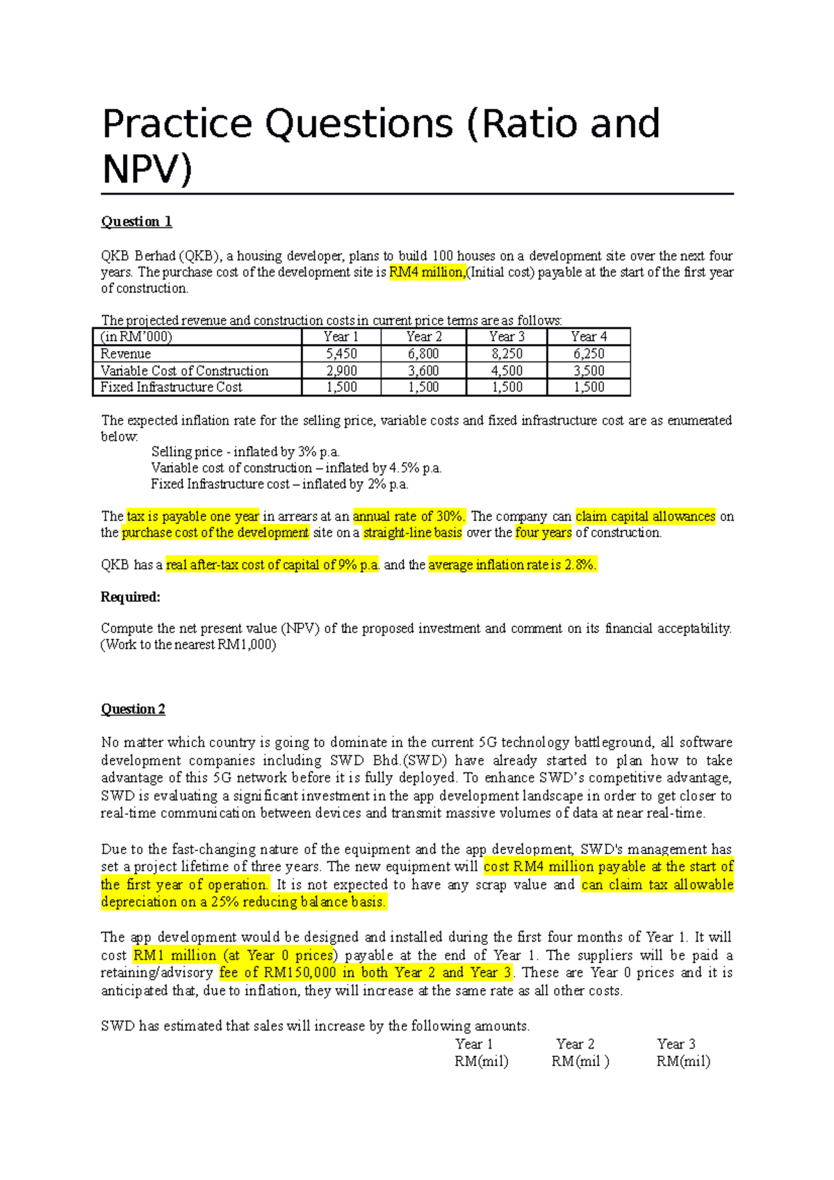 Practice Questions for Test 1 Q - Practice Questions (Ratio and NPV ...