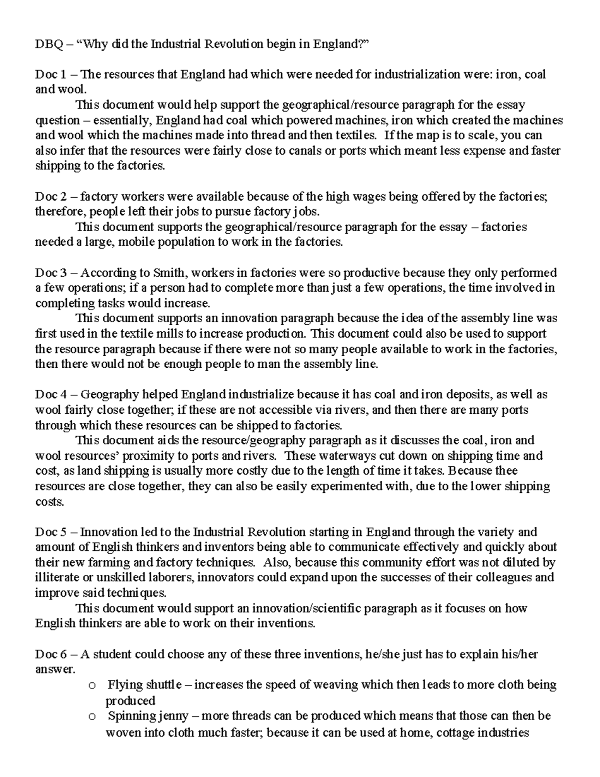 Ch. 20 - Industrial Revolution Begins DBQ notes - DBQ – “Why did the ...