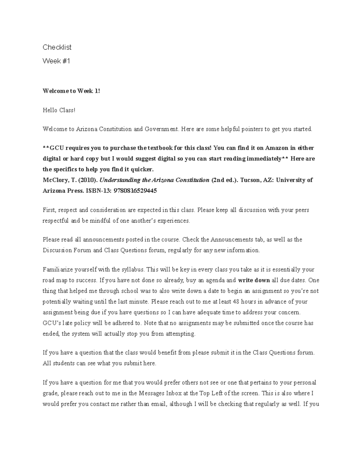 Week 1 Checklist - Checklist Week Welcome to Week 1! Hello Class ...