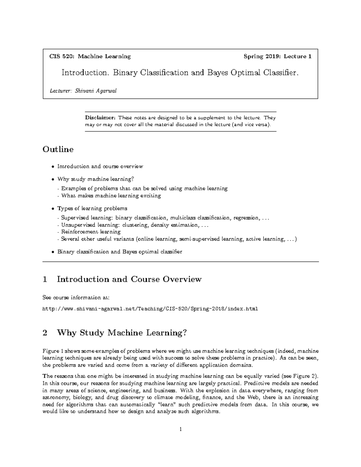 01-intro - Lecture Notes for Baye's Error + some ML Intro - CIS 520 ...