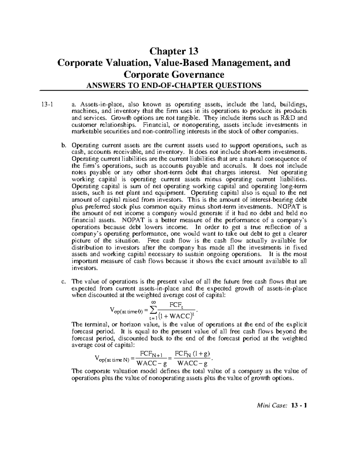 Chapter 13 Corporate Valuation, Value-Based Management, and Corporate ...