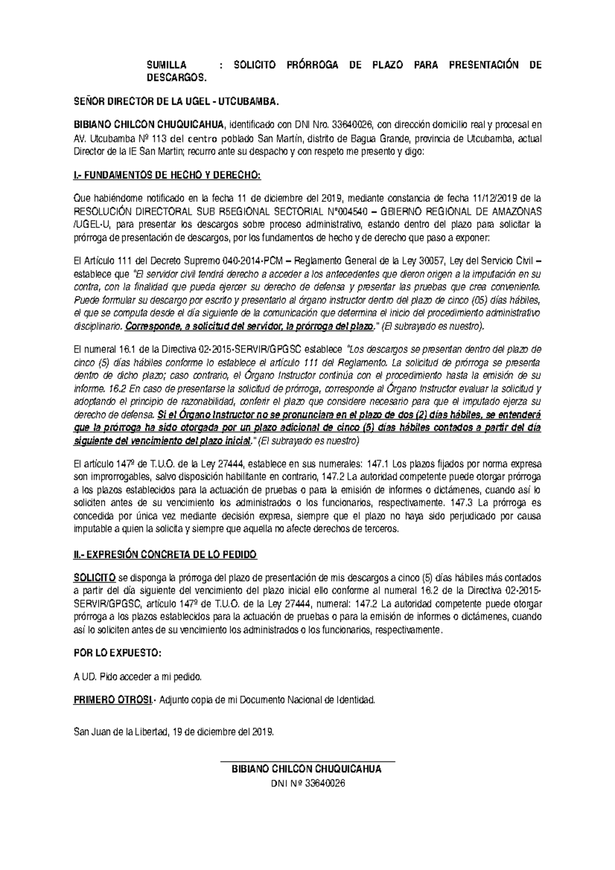 Ampliación Descargo Sumilla Solicito PrÓrroga De Plazo Para