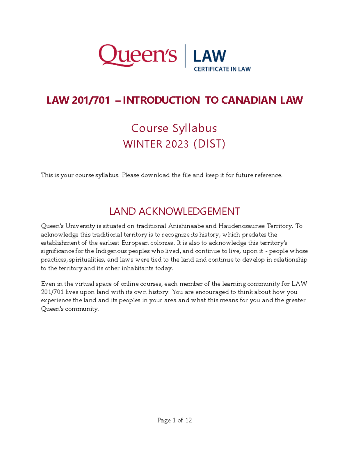 LAW2017 01 DIST W23 Course Syllabus - LAW 201/701 – INTRODUCTION TO ...