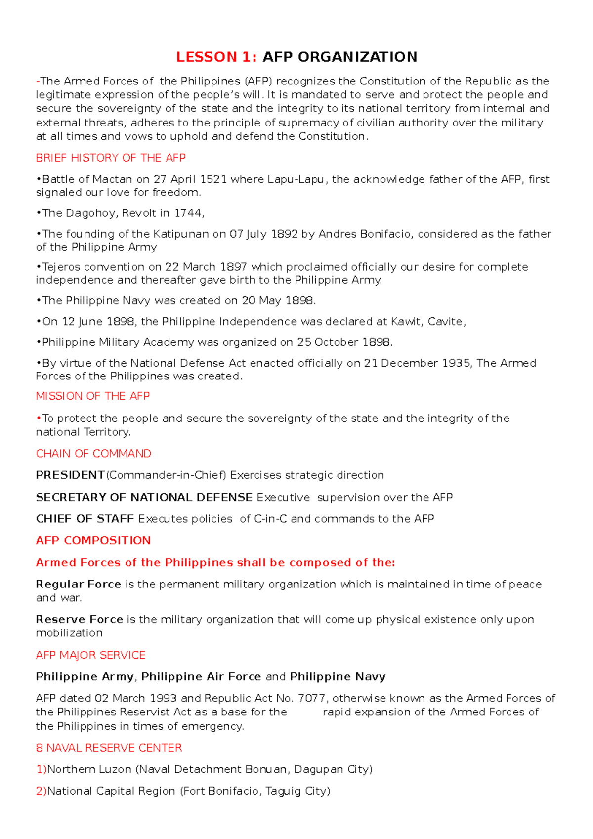 MS1- Reviewer - Review - LESSON 1: AFP ORGANIZATION The Armed Forces of ...