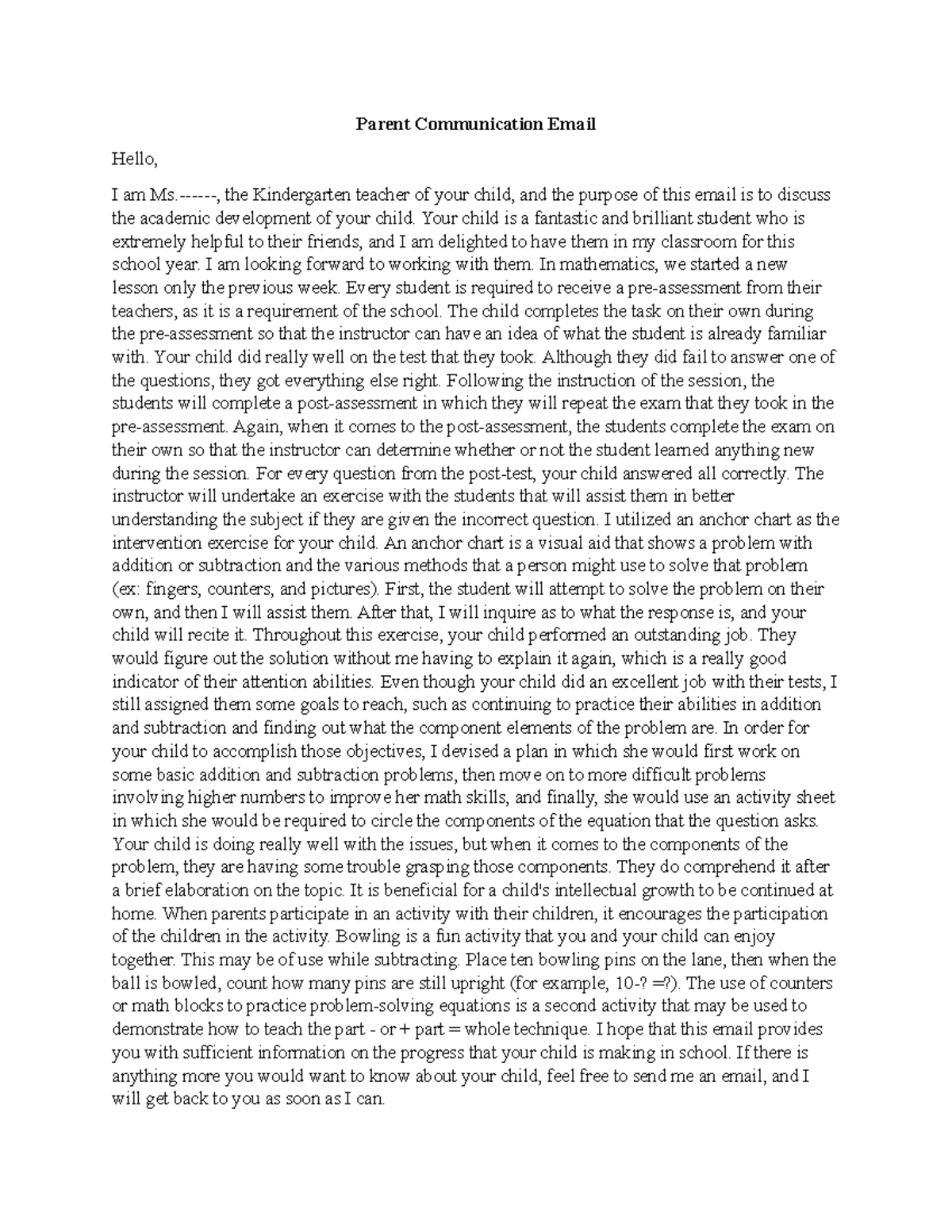 ECE-230-T7 Parent Communication Email - Parent Communication Email ...