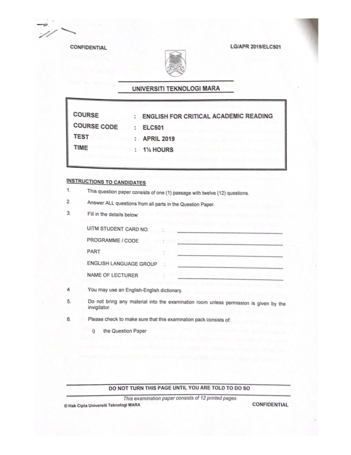 Question Paper April 2019 - English for Executive Summary Writing ...