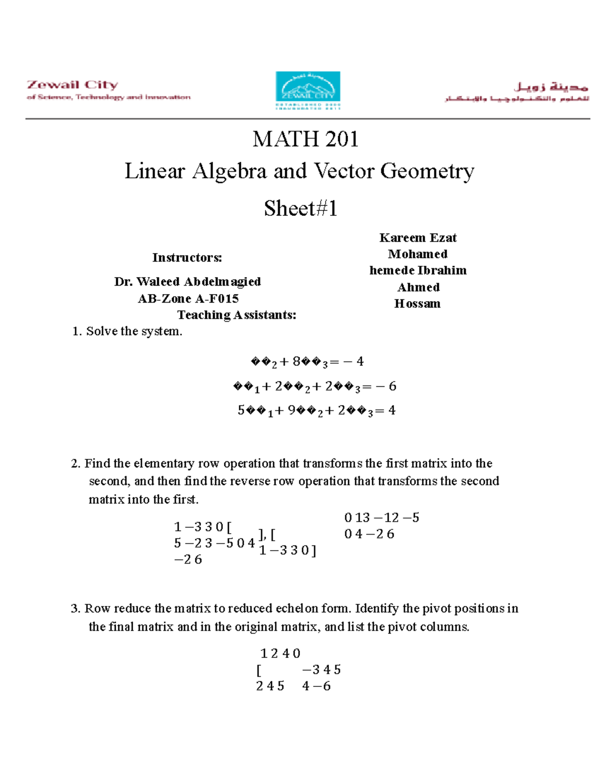 Sheet 1 - good - MATH 201 Linear Algebra and Vector Geometry Sheet ...