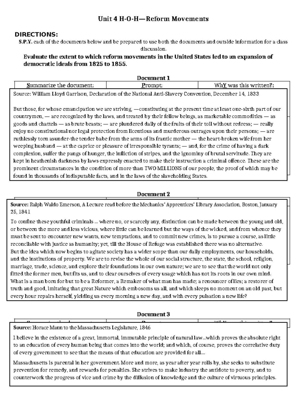Reform Movements H-O-H 23-24-SPY Method - Unit 4 H-O-H—Reform Movements ...